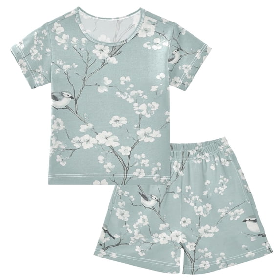 Flowers and Birds Pattern Summer Pajama Set Soft Cotton Short Sleeve ...