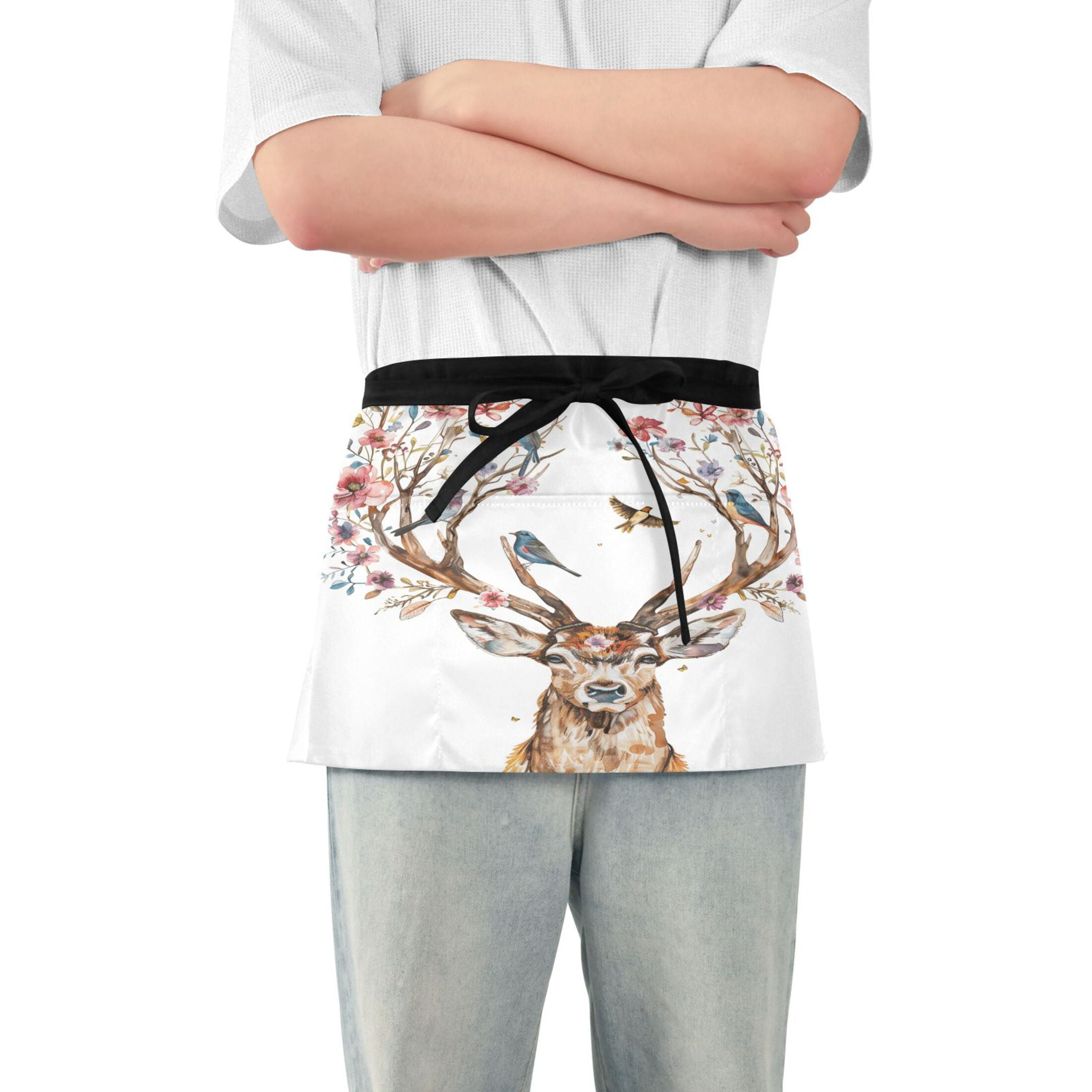 Flowers and Birds on Deer Antlers Server Apron with 3 Pockets ...