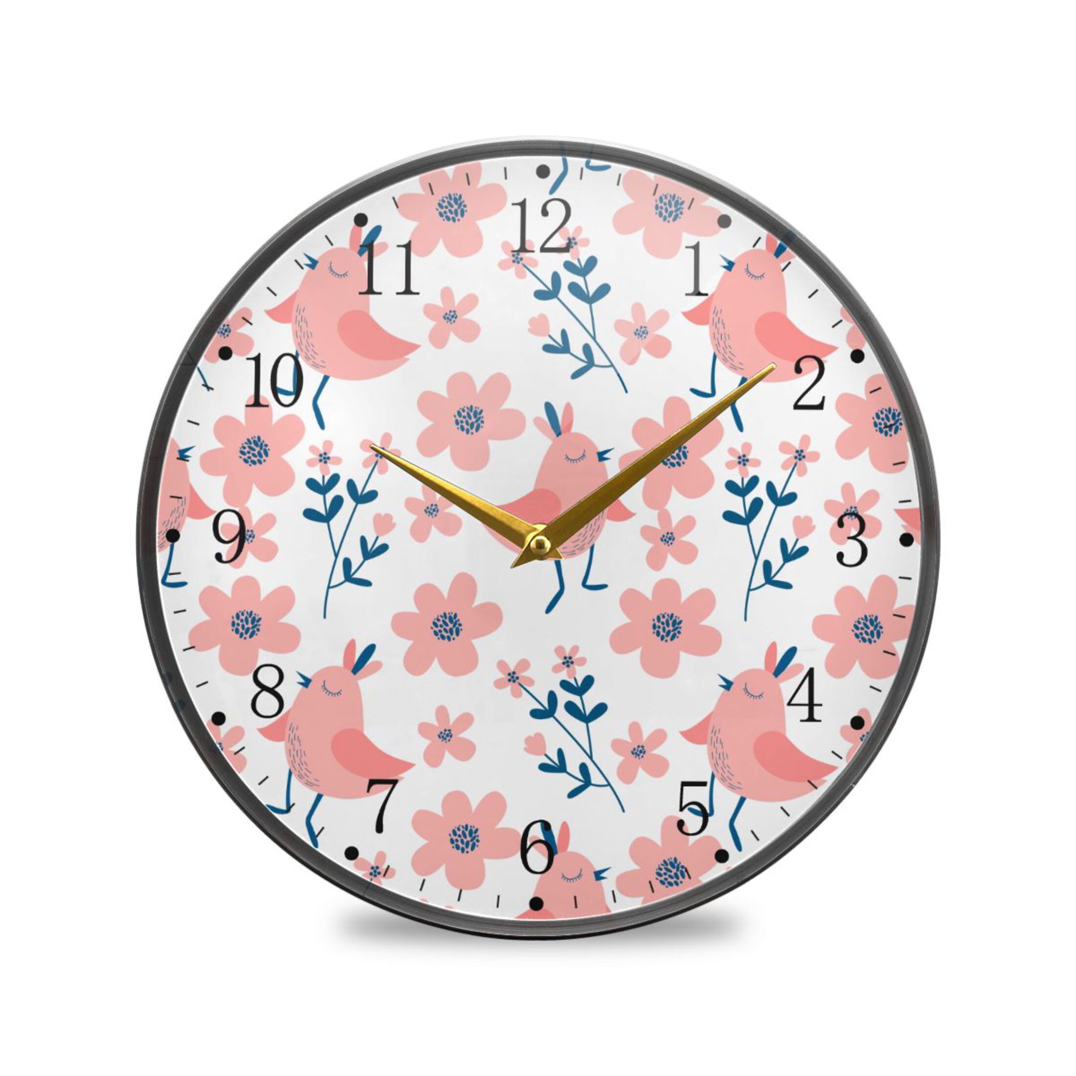 Flowers and Birds on White Acrylic Wall Clocks Quiet Round Clock ...