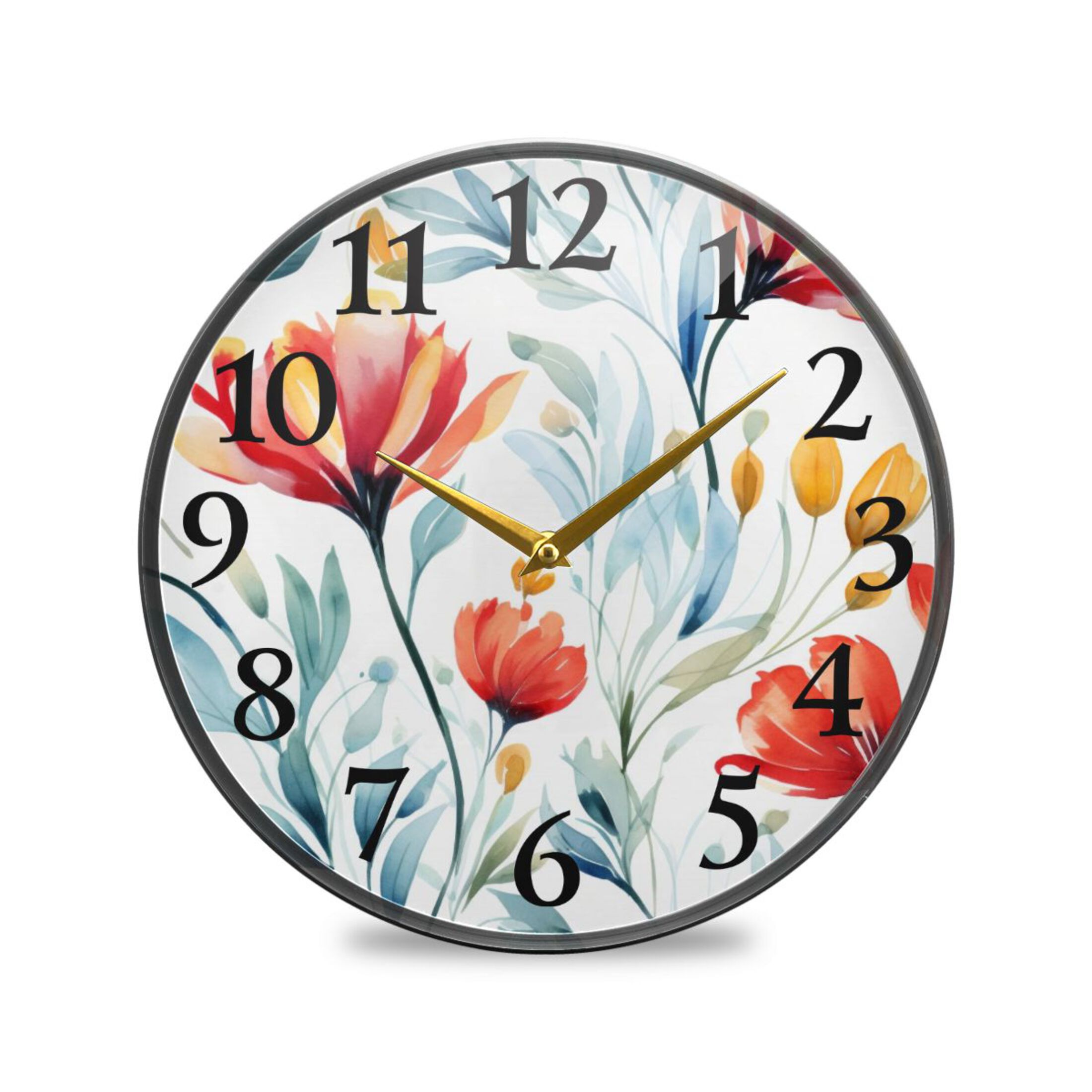 Flowers and Blue Wall Clocks Battery Operated 11.9 Inch Round Clock ...