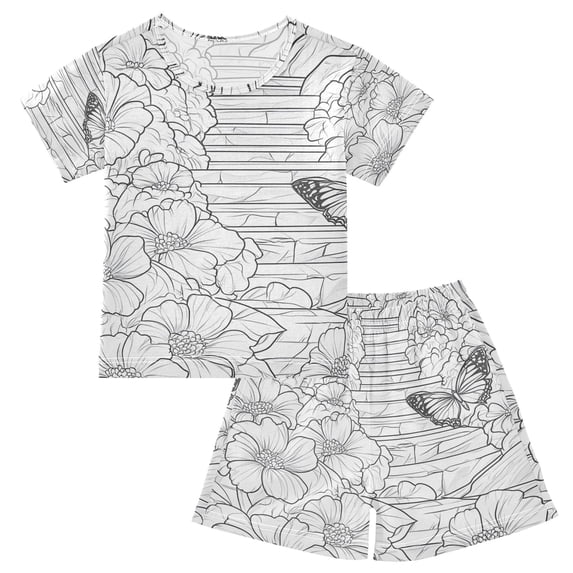 Flowers and Butterflies Line Art Summer Pajama Set Soft Cotton Short ...