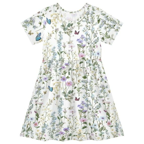 Flowers and Butterflies Short Sleeve Dress A-Line Cute Midi Casual ...