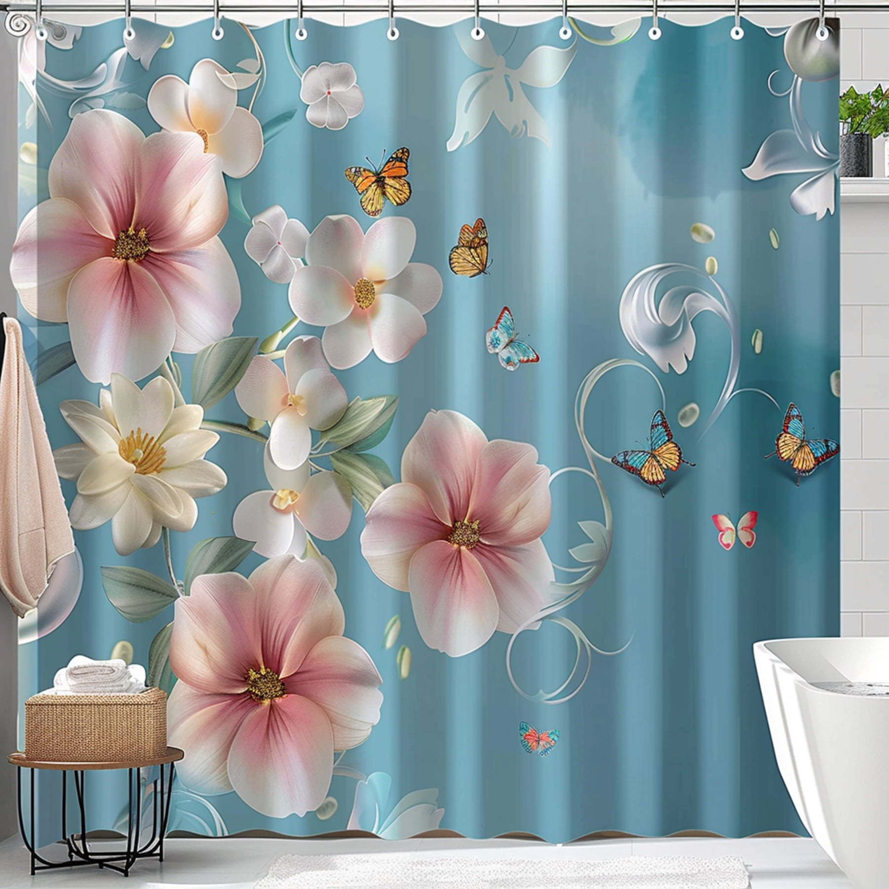 Flowers and Butterflies Shower Curtain on Blue Background Unique ...