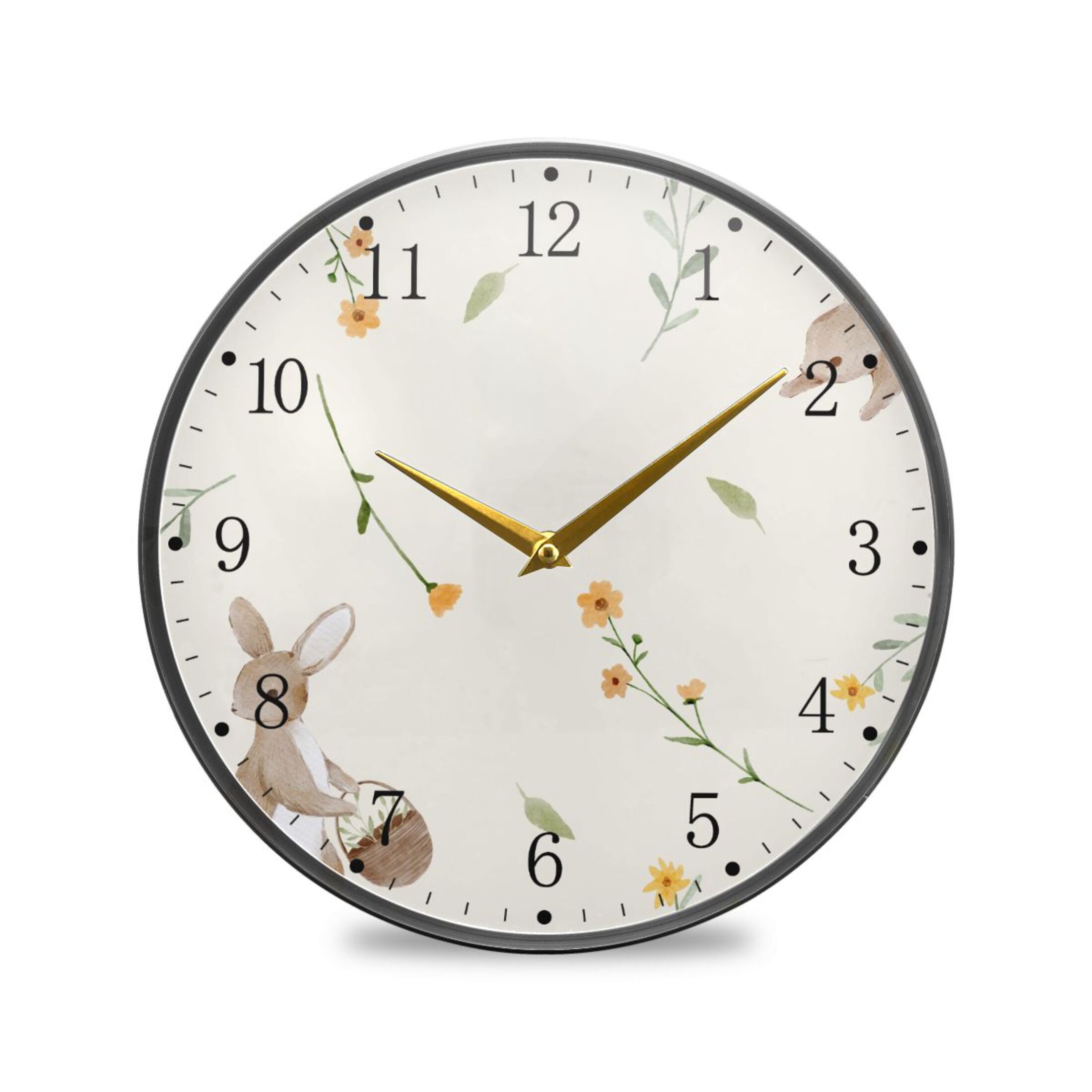 Flowers and Cute Bunny Acrylic Wall Clocks Quiet Round Clock Battery ...