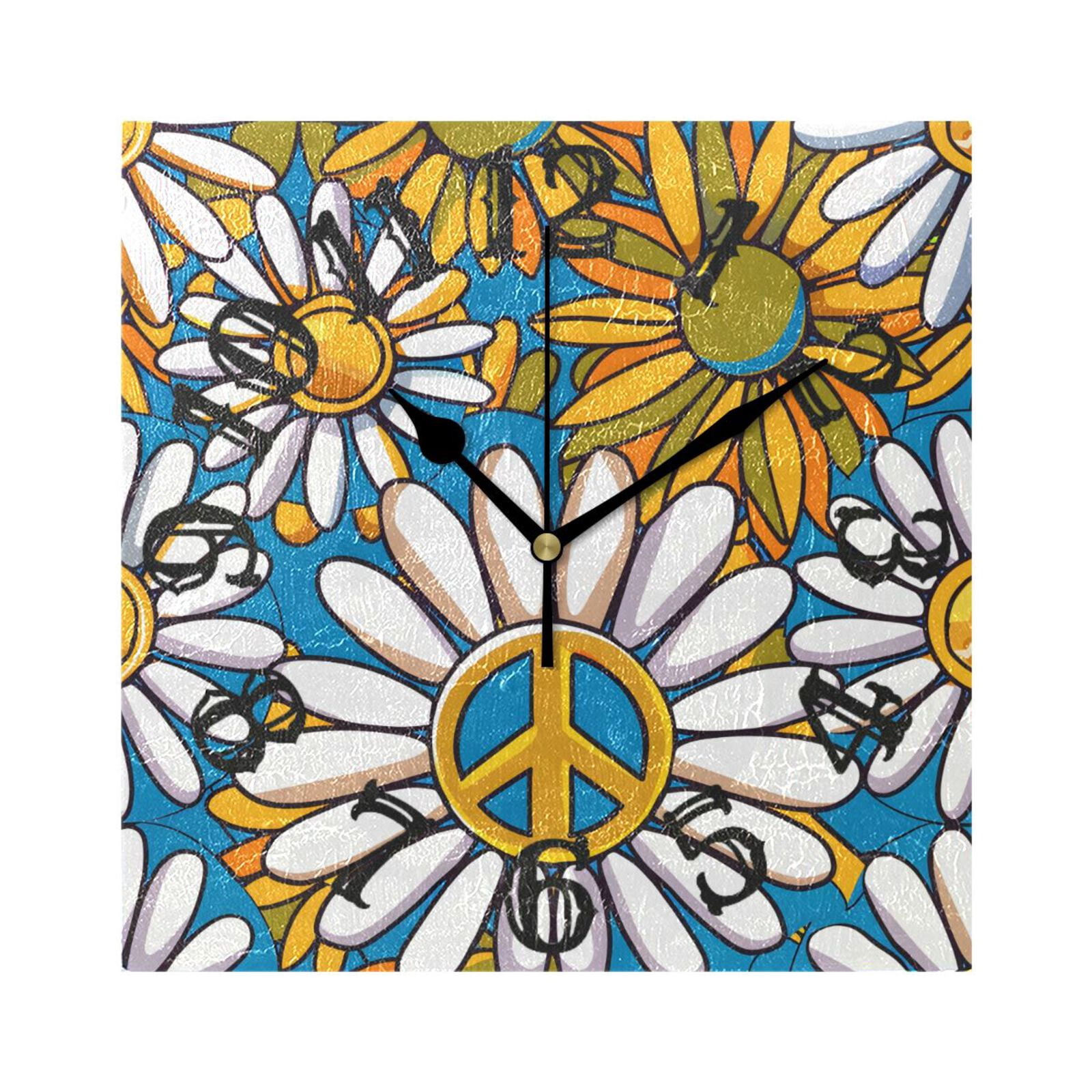Flowers and Daisy Wall Clock Square Silent Non Ticking Battery Operated ...