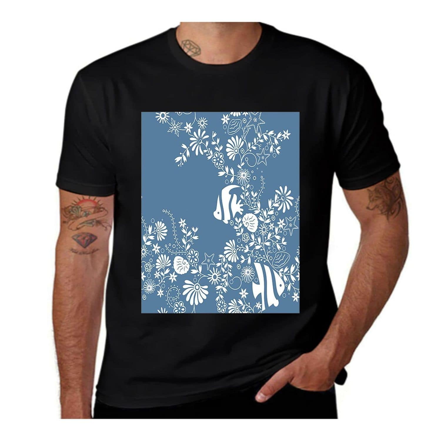 Flowers and Fishes-Sea Shells-White-Blue- Casual Streetwea Everyday ...
