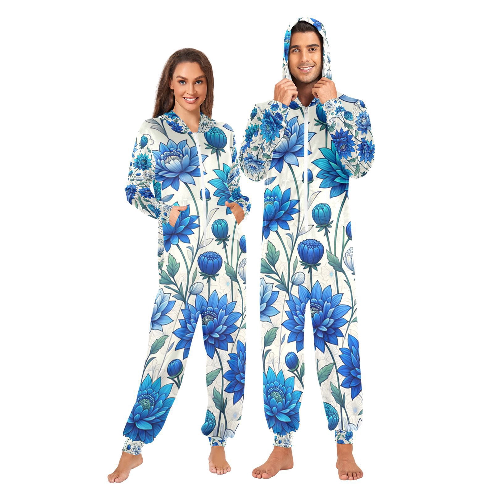 Flowers and Floral Blue Adult Onesie Pajamas Slim Fit Christmas One ...