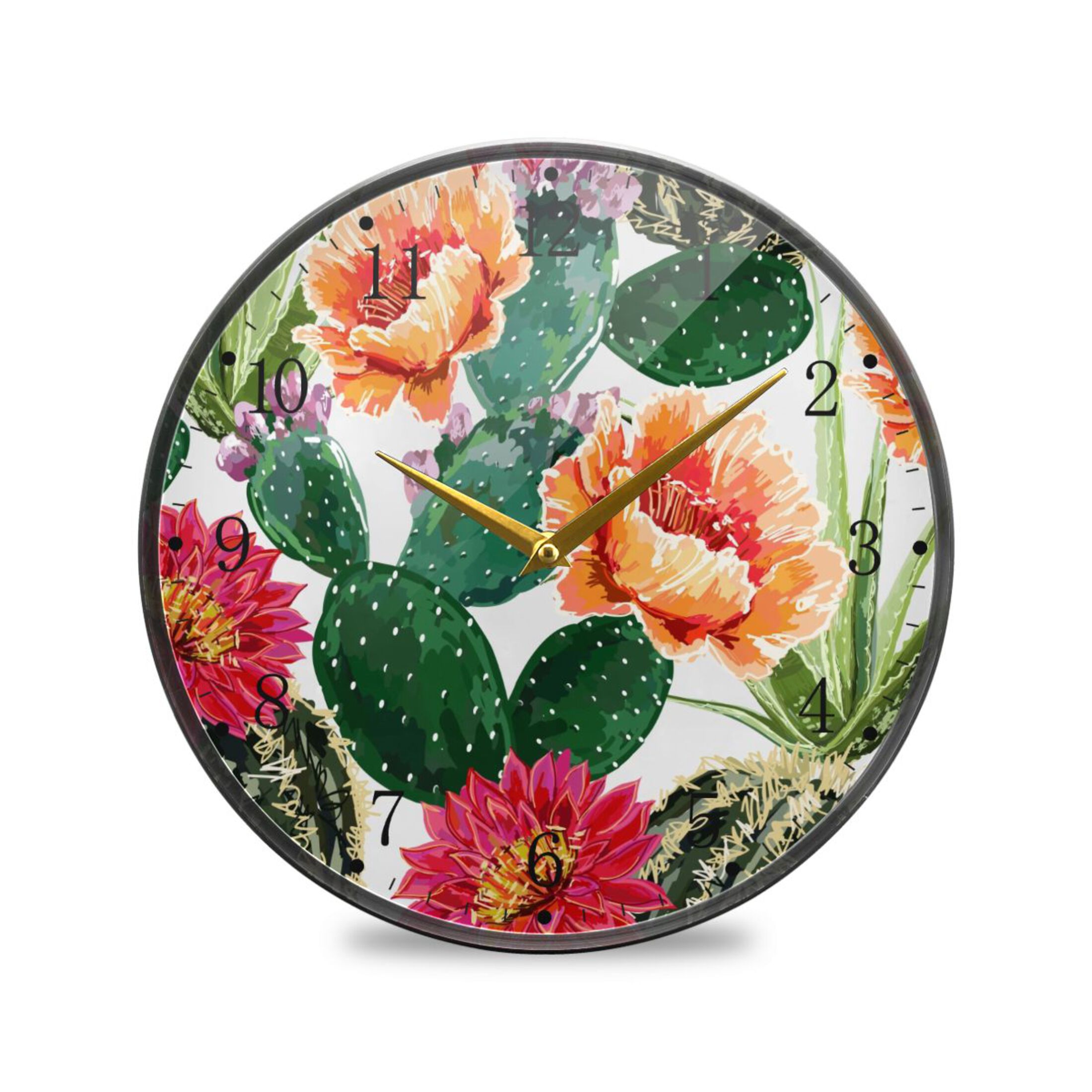 Flowers and Green Cactus Acrylic Wall Clocks Quiet Round Clock Battery ...