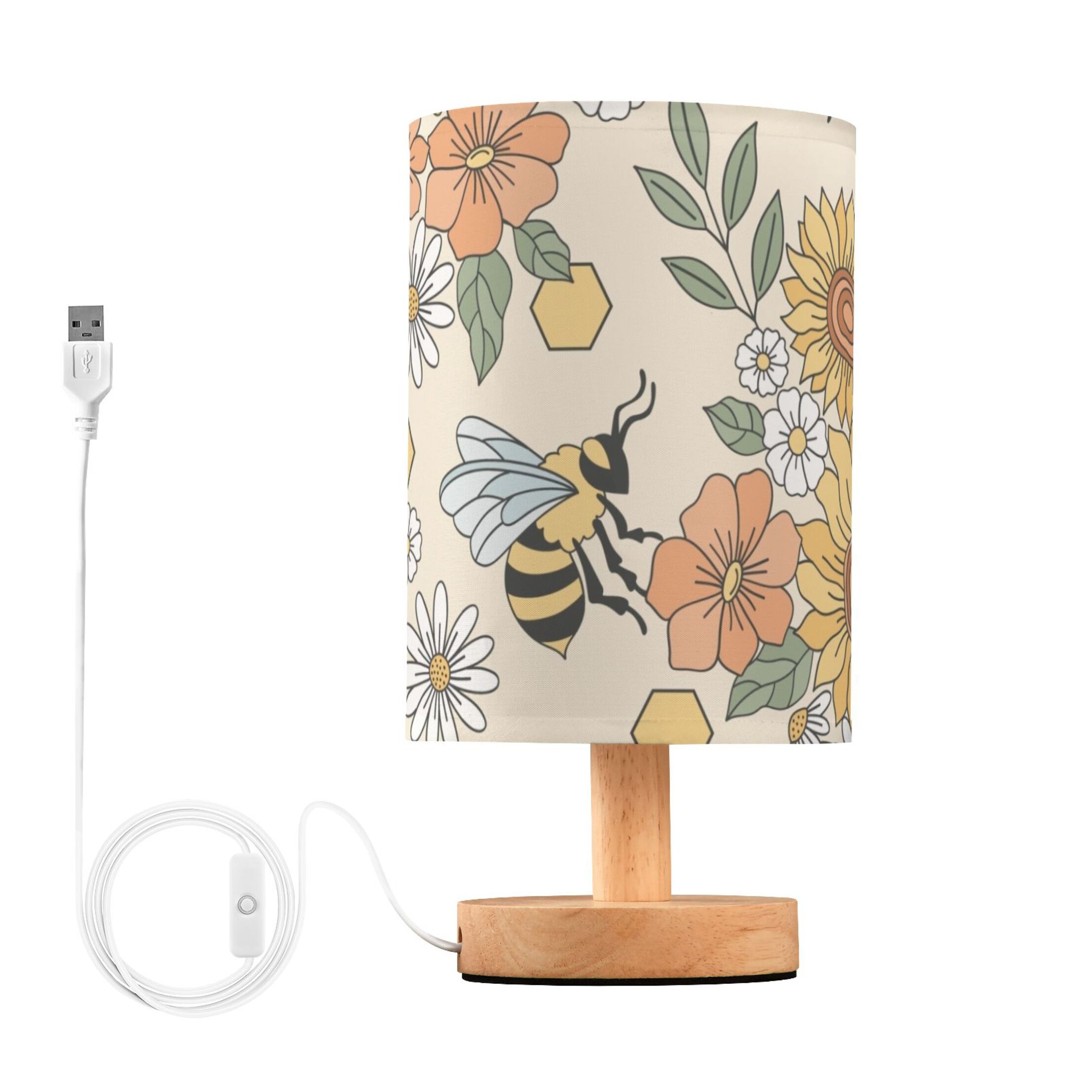 Flowers and Honey with Bees Bedside Table Lamp LED Warm Lights with USB ...