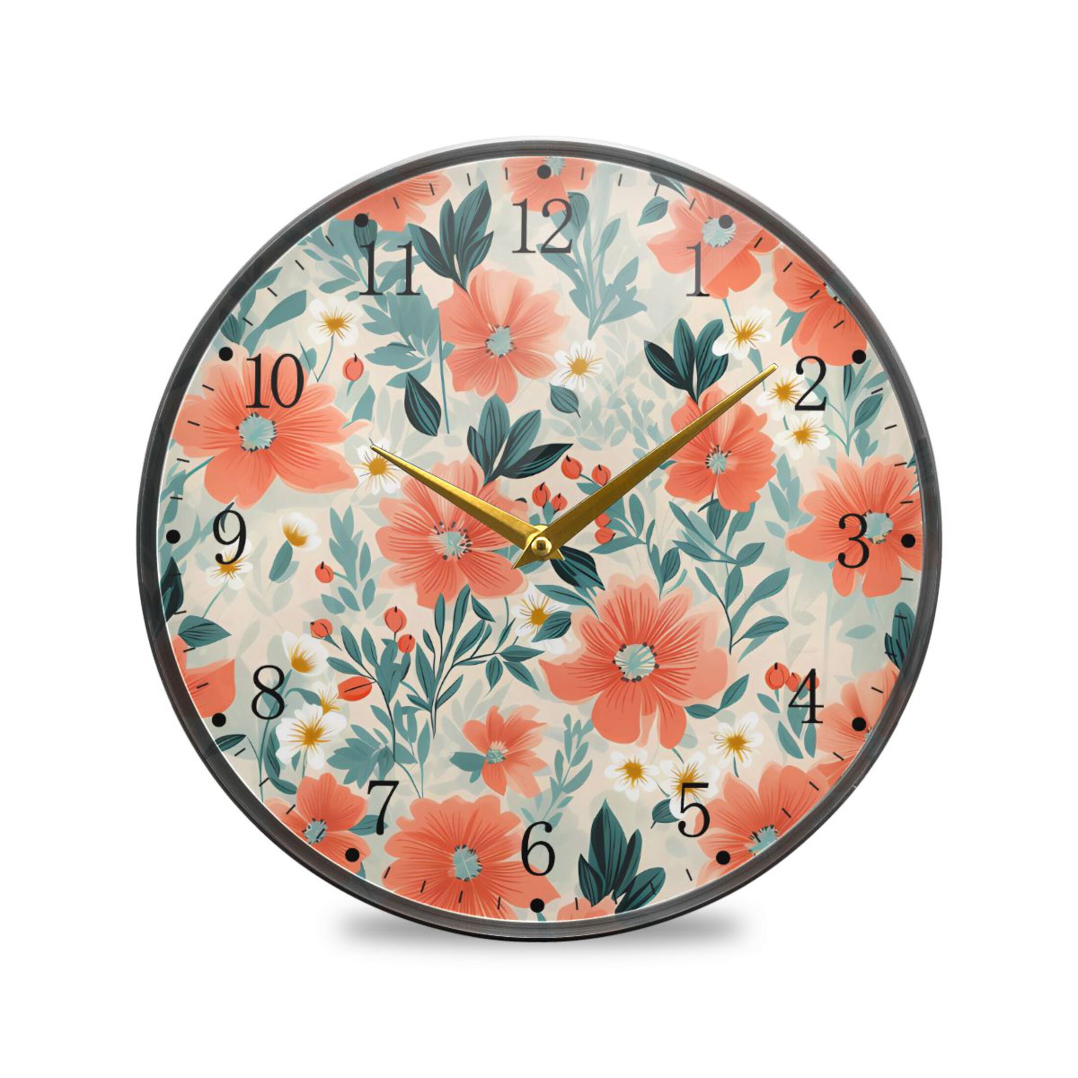 Flowers and Leaves Blue Acrylic Wall Clocks Quiet Round Clock Battery ...