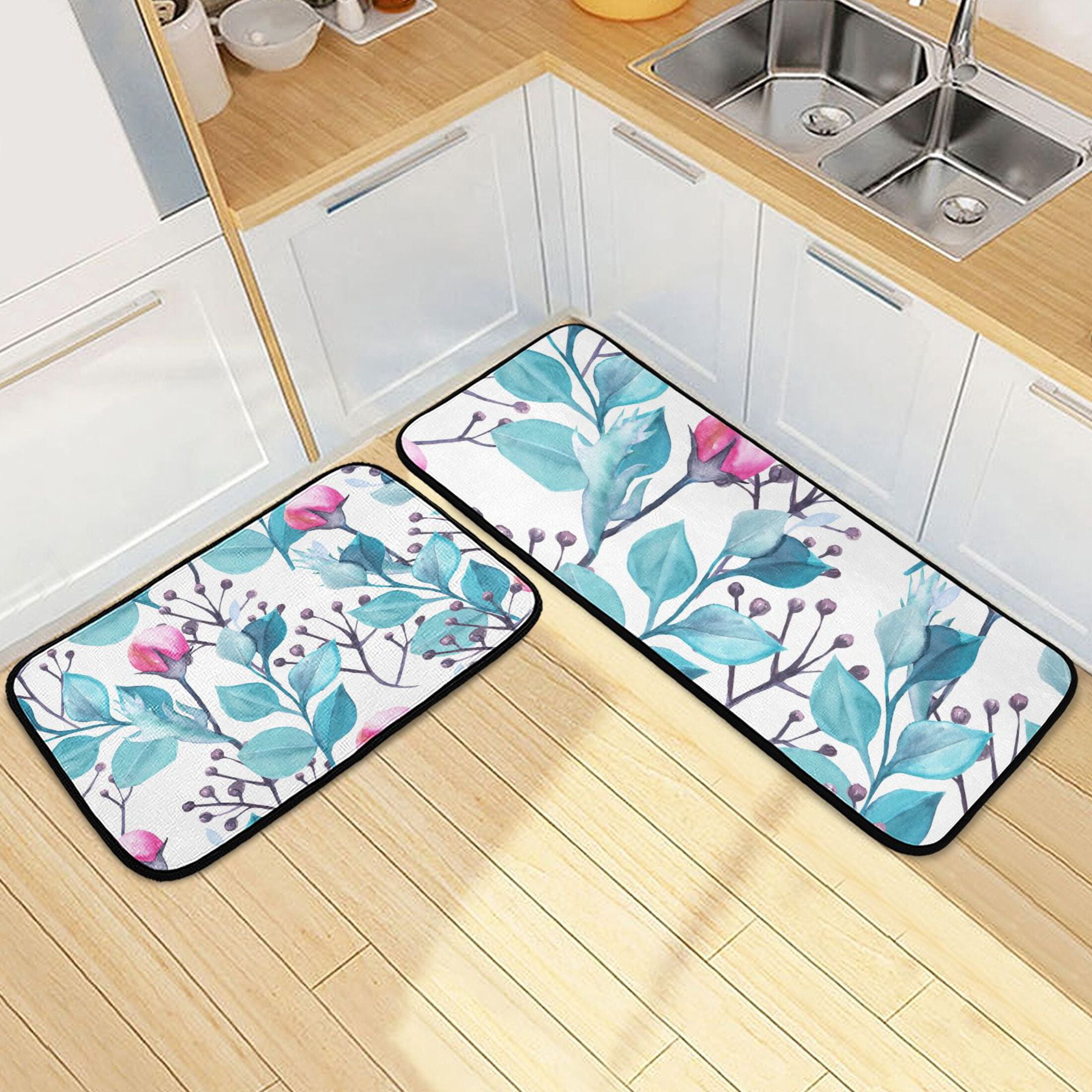 Flowers and Leaves Green Kitchen Rugs Set of 2 Non Slip Floor Foam Mat ...