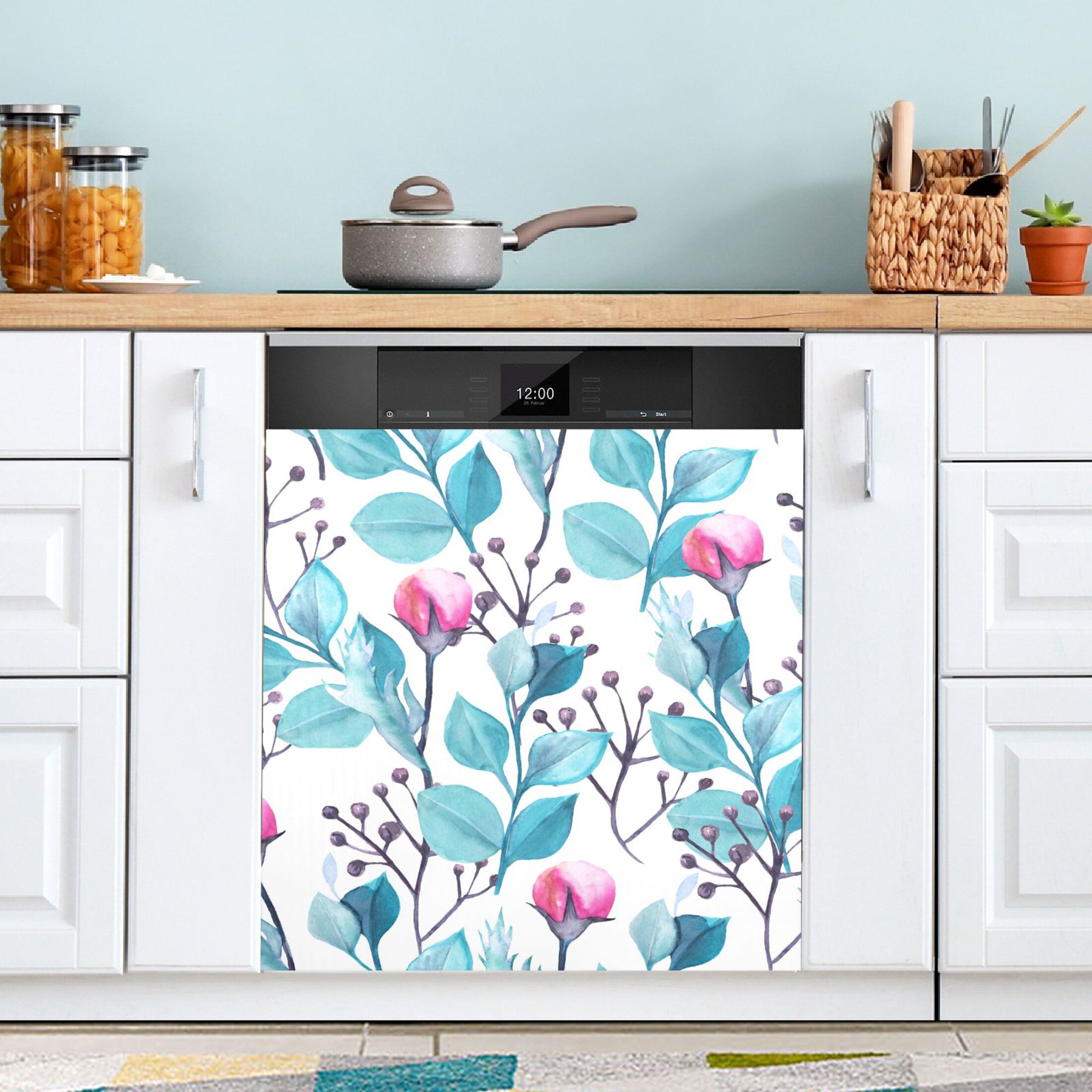 Flowers and Leaves Green Magnetic Dishwasher Cover Magnet Refrigerator ...
