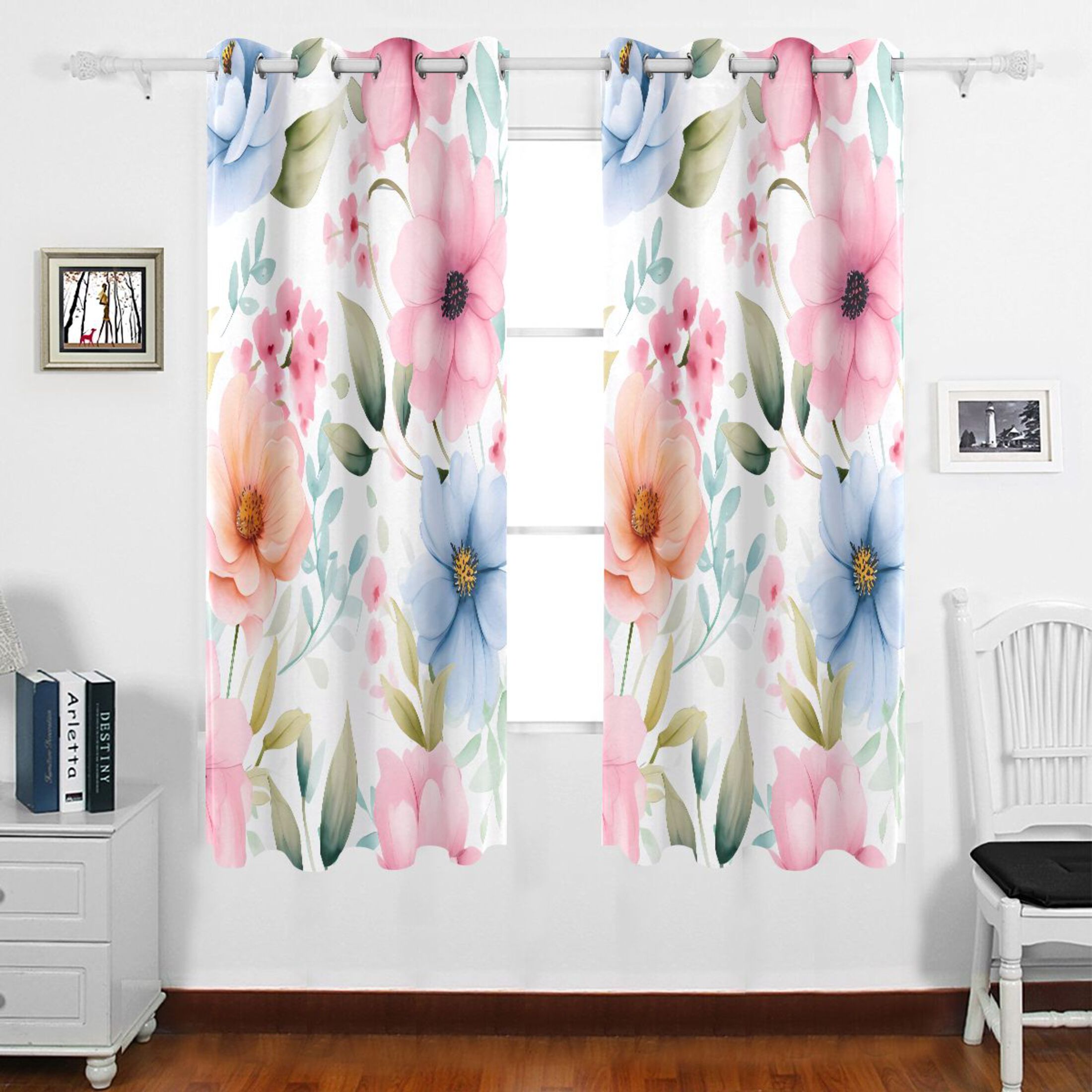 Flowers and Leaves Grommet Blackout Curtains Thermal Insulated Window ...
