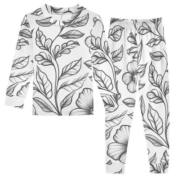 Flowers and Leaves Line Art Cotton Pajama Set Long Sleeve Top and Pants ...