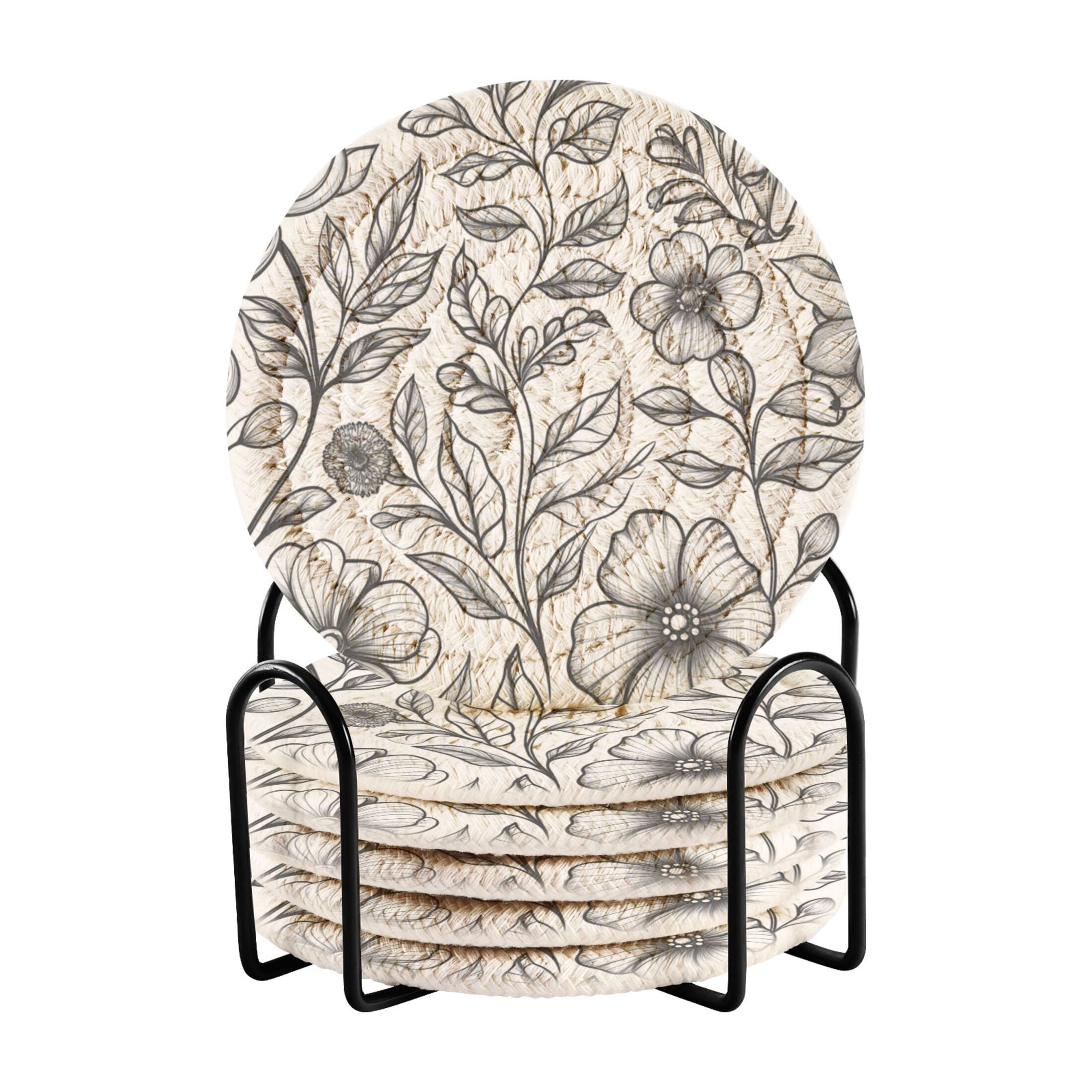 Flowers and Leaves Line Art Drinking Coasters Cup Mat with Holder for ...