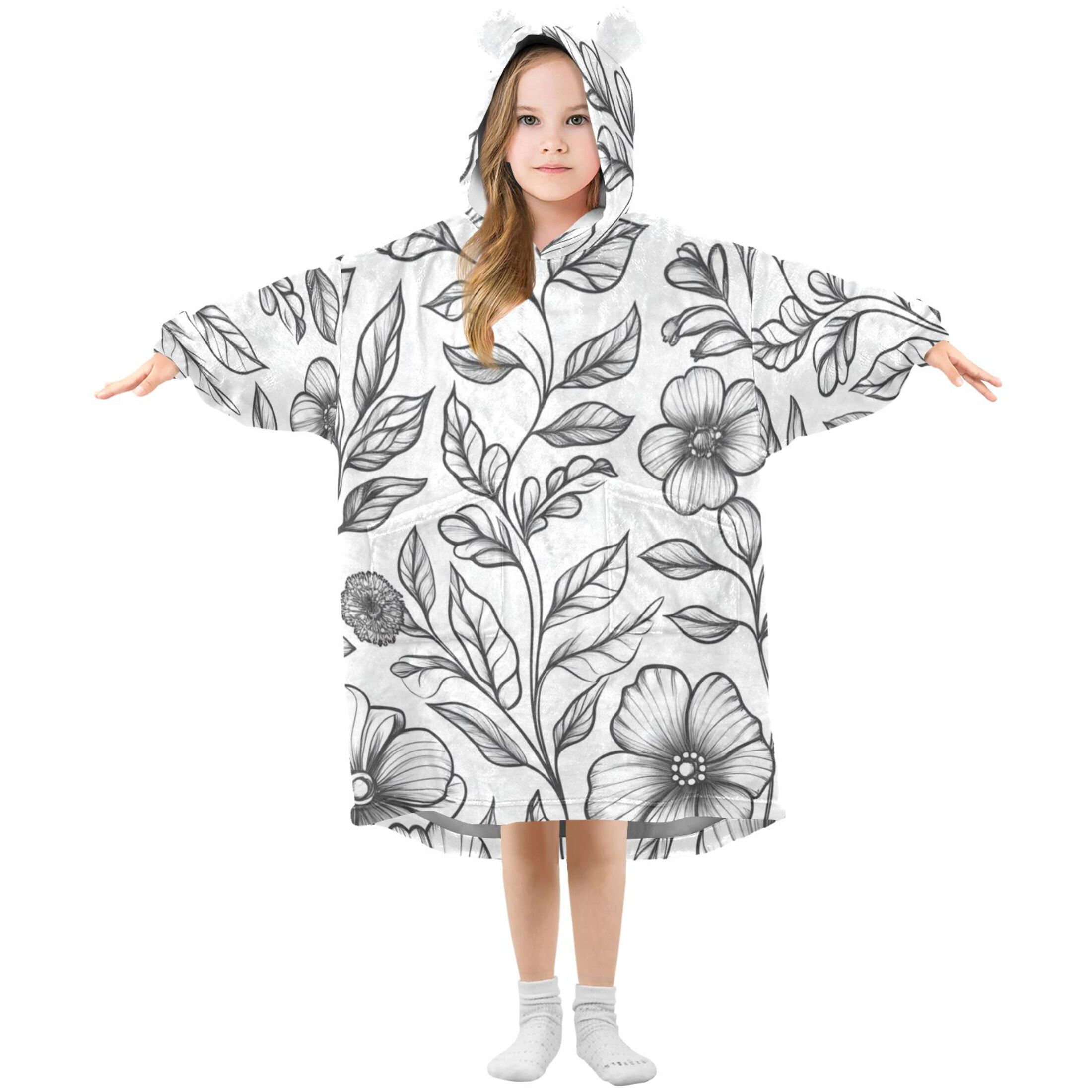 Flowers and Leaves Line Art Flannel Wearable Blankets Hooded Design ...