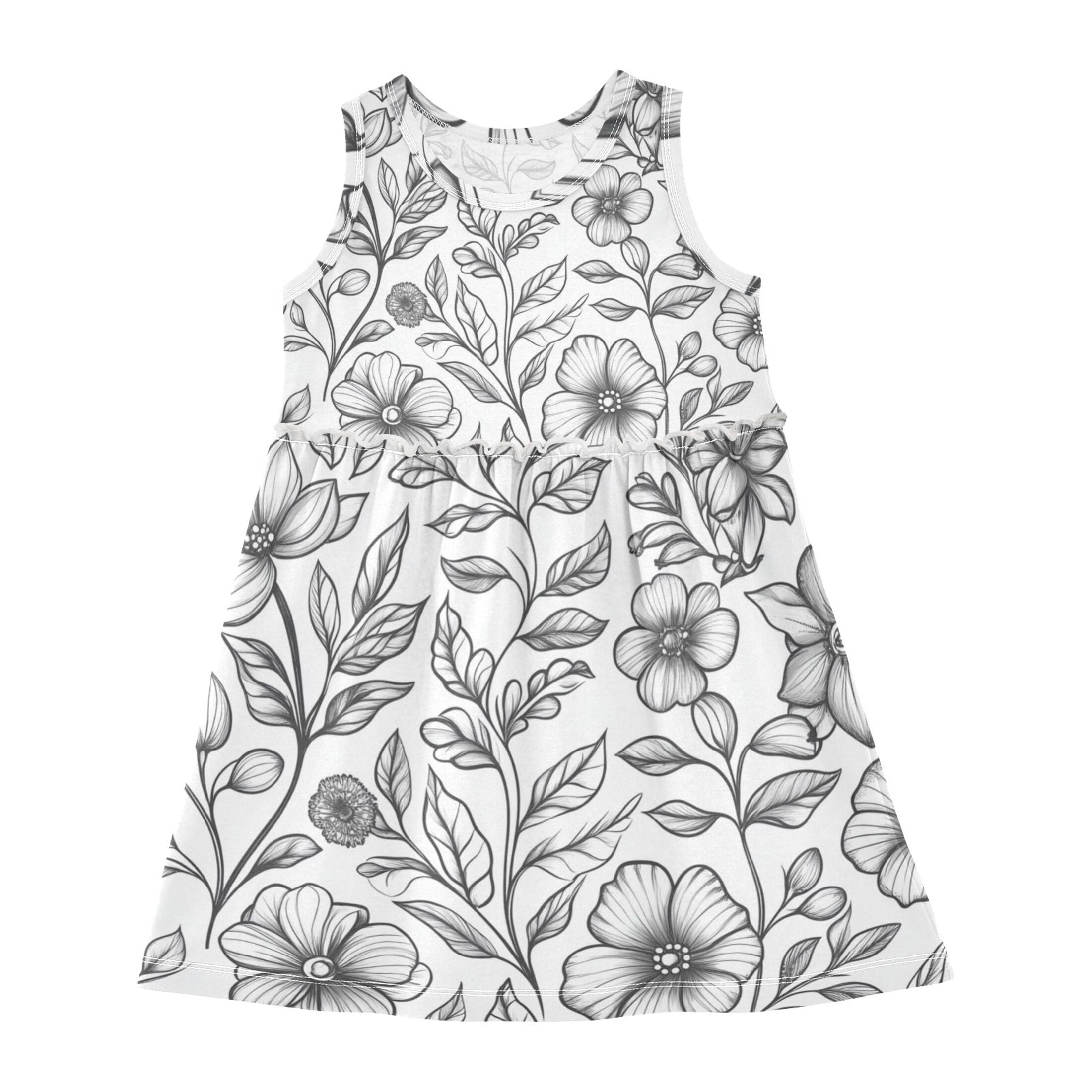 Flowers and Leaves Line Art Girls' Sleeveless Dress A-Line One-Piece ...