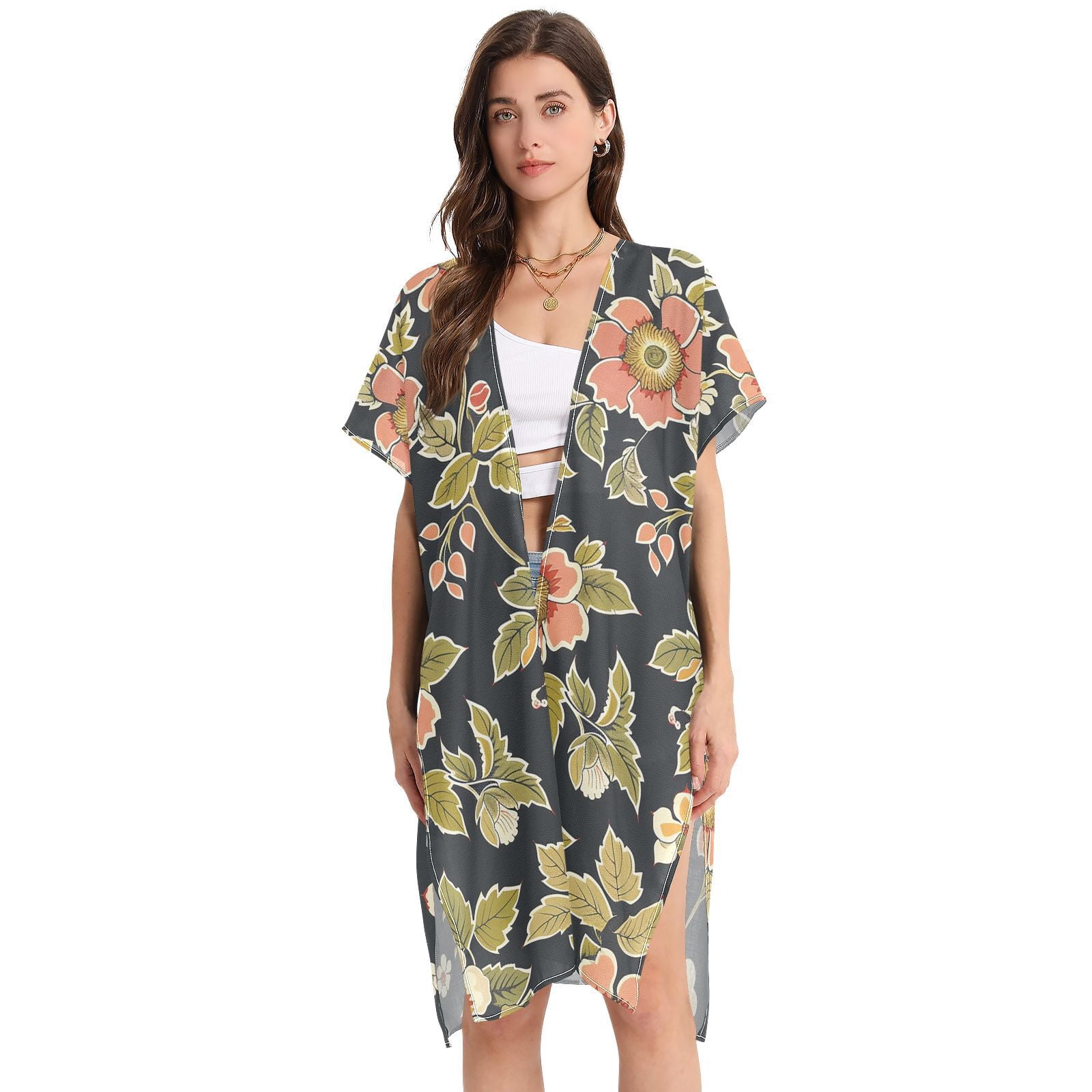 Flowers and Leaves Women Swimsuit Cover up V Neck Beach Dress Short ...