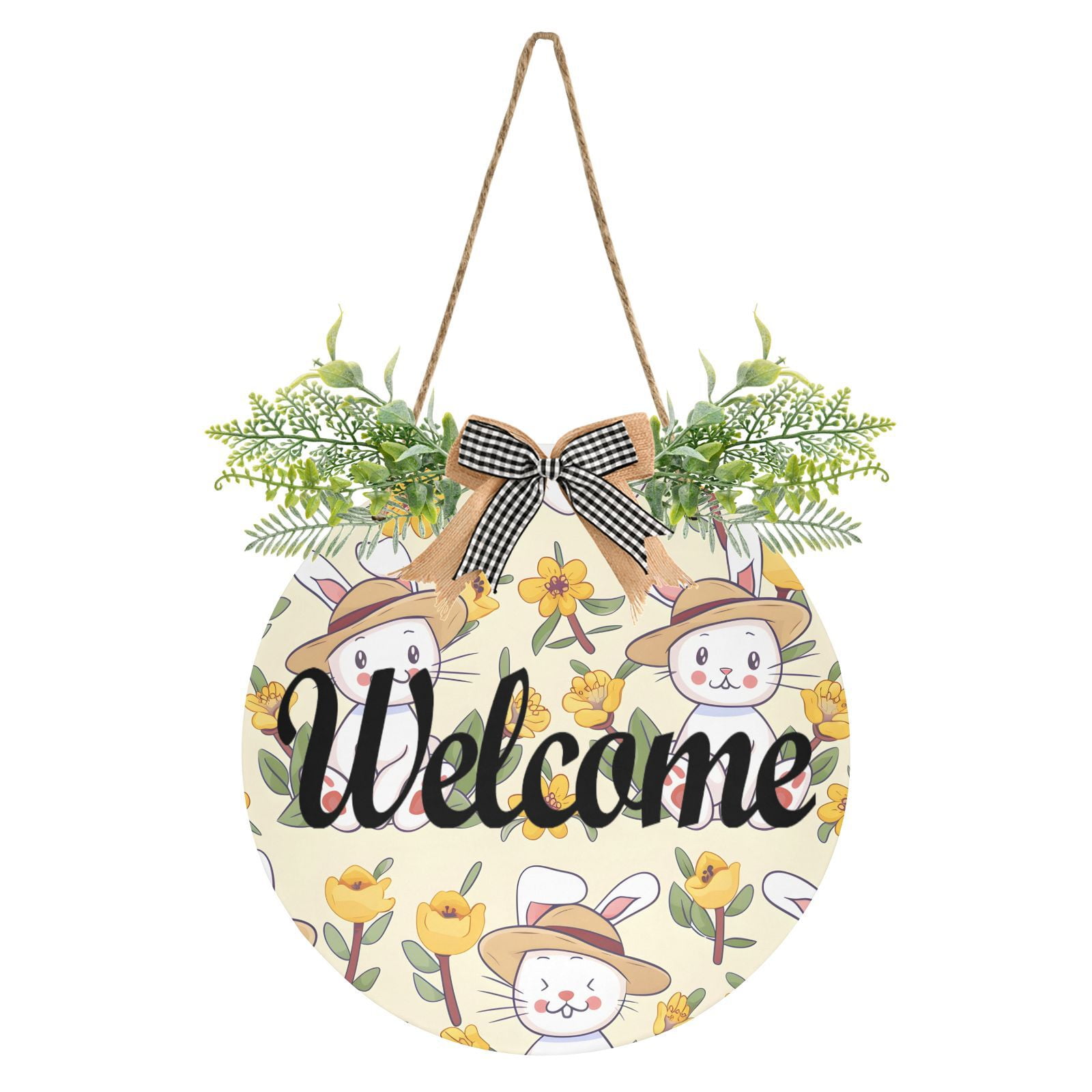 Flowers and Rabbit Welcome Sign for Front Door Wreath Door Sign for ...