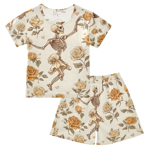 Flowers and Skulls Summer Pajama Set Soft Cotton Short Sleeve Sleepwear ...