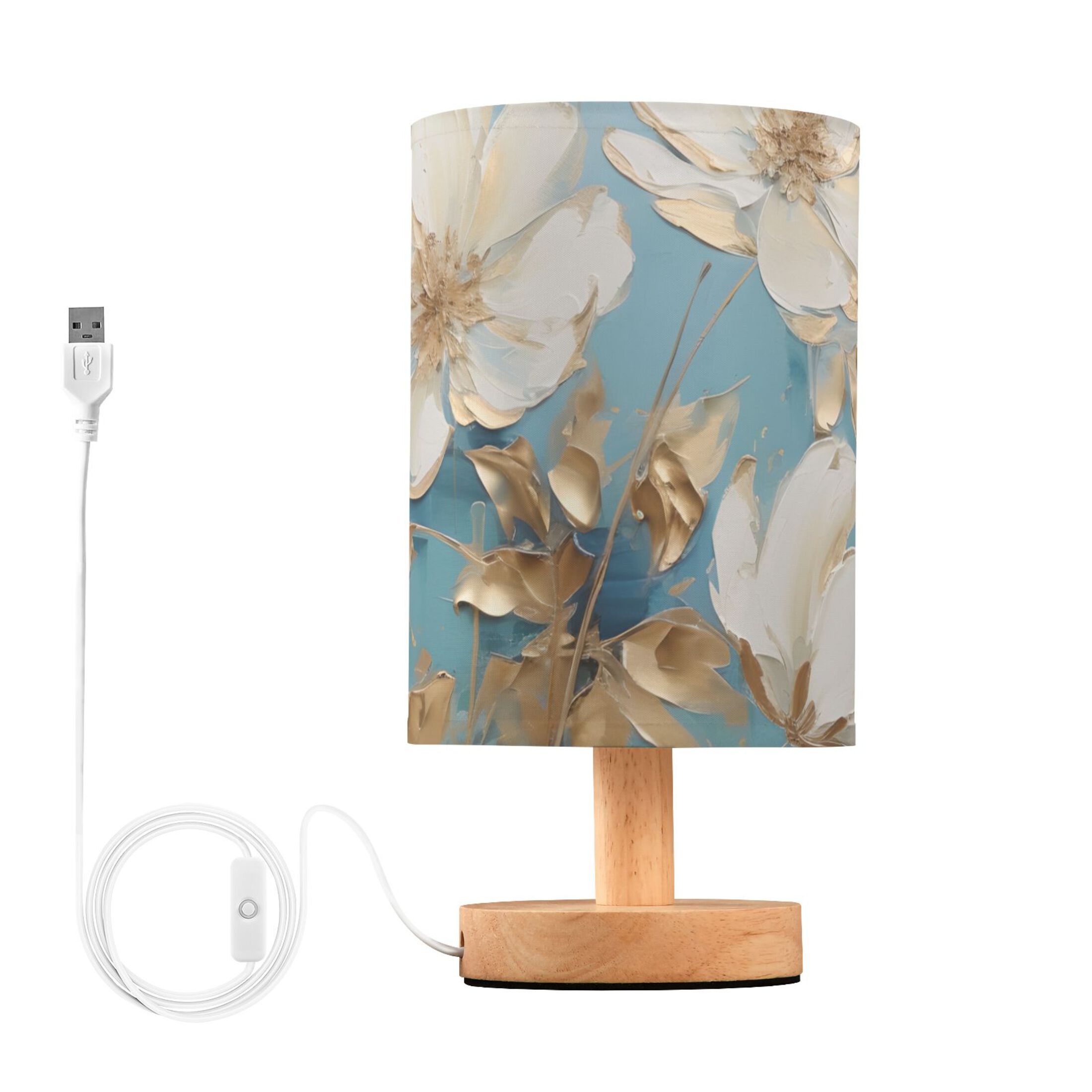 Flowers in Blue Bedside Table Lamp LED Warm Lights with USB Charging ...