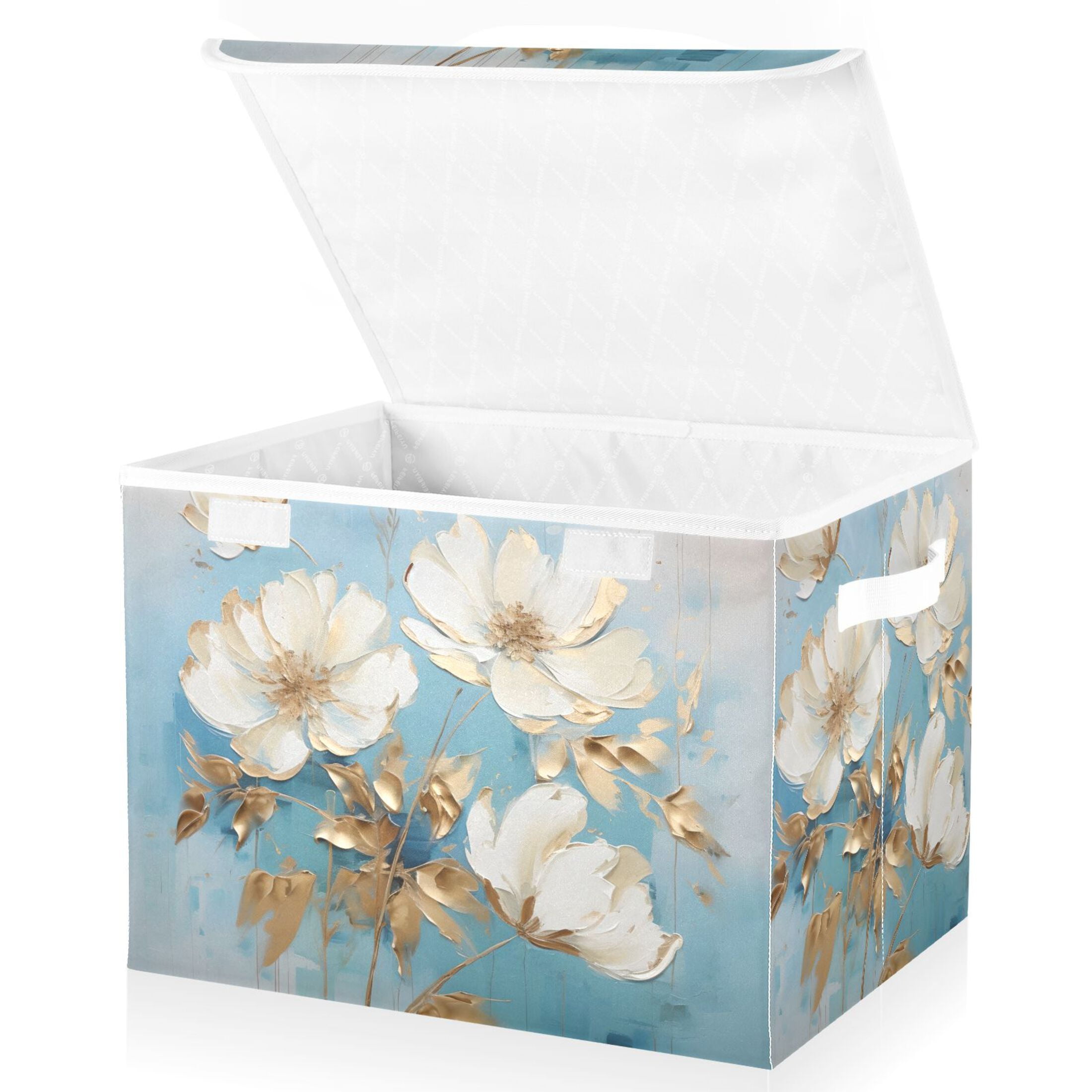 Flowers in Blue Large Lidded Bin Foldable Storage Baskets Boxes Cubes ...