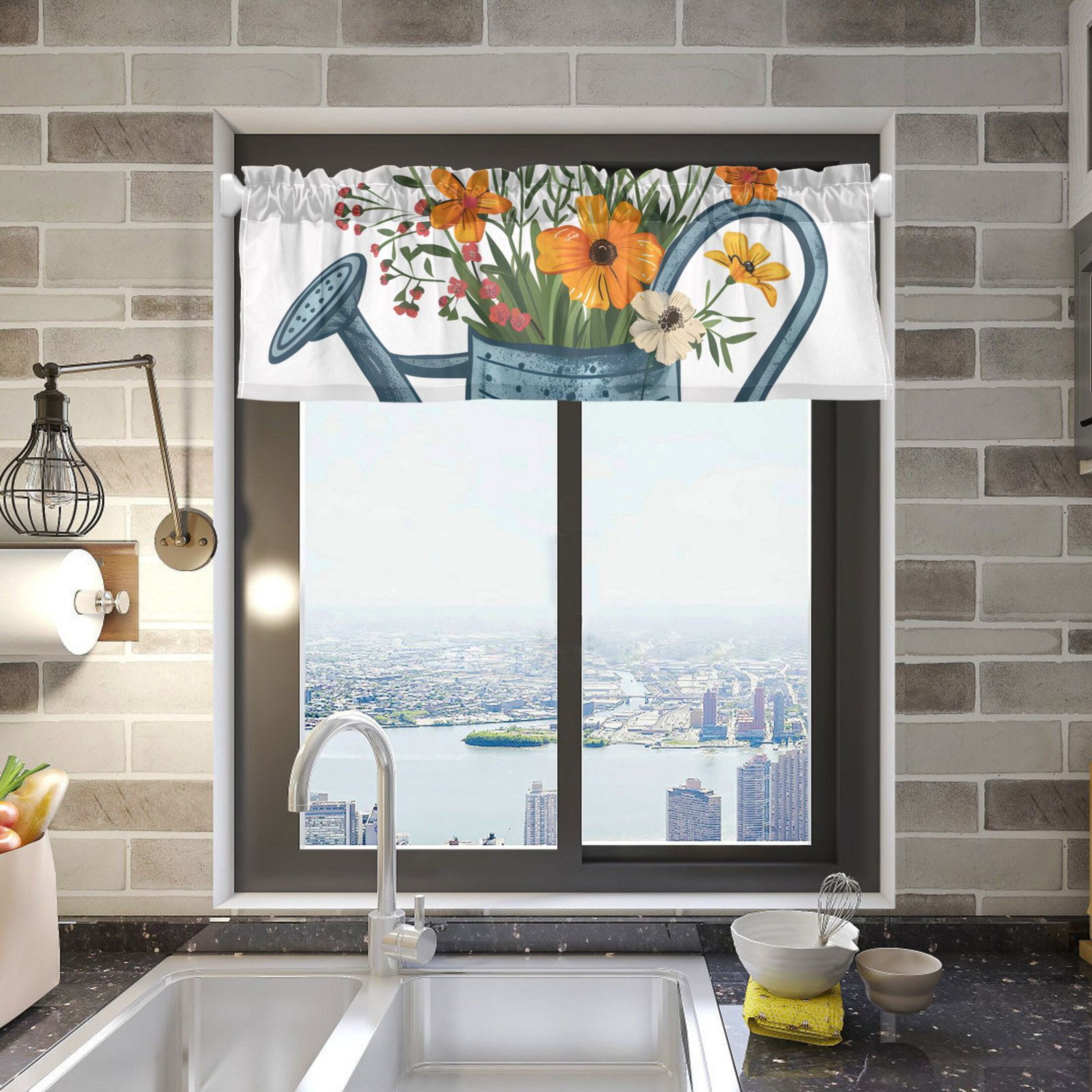 Flowers in Kettle Valance Curtains 54"x18" Rod Pocket for Kitchen Living Room Windows Farmhouse ...