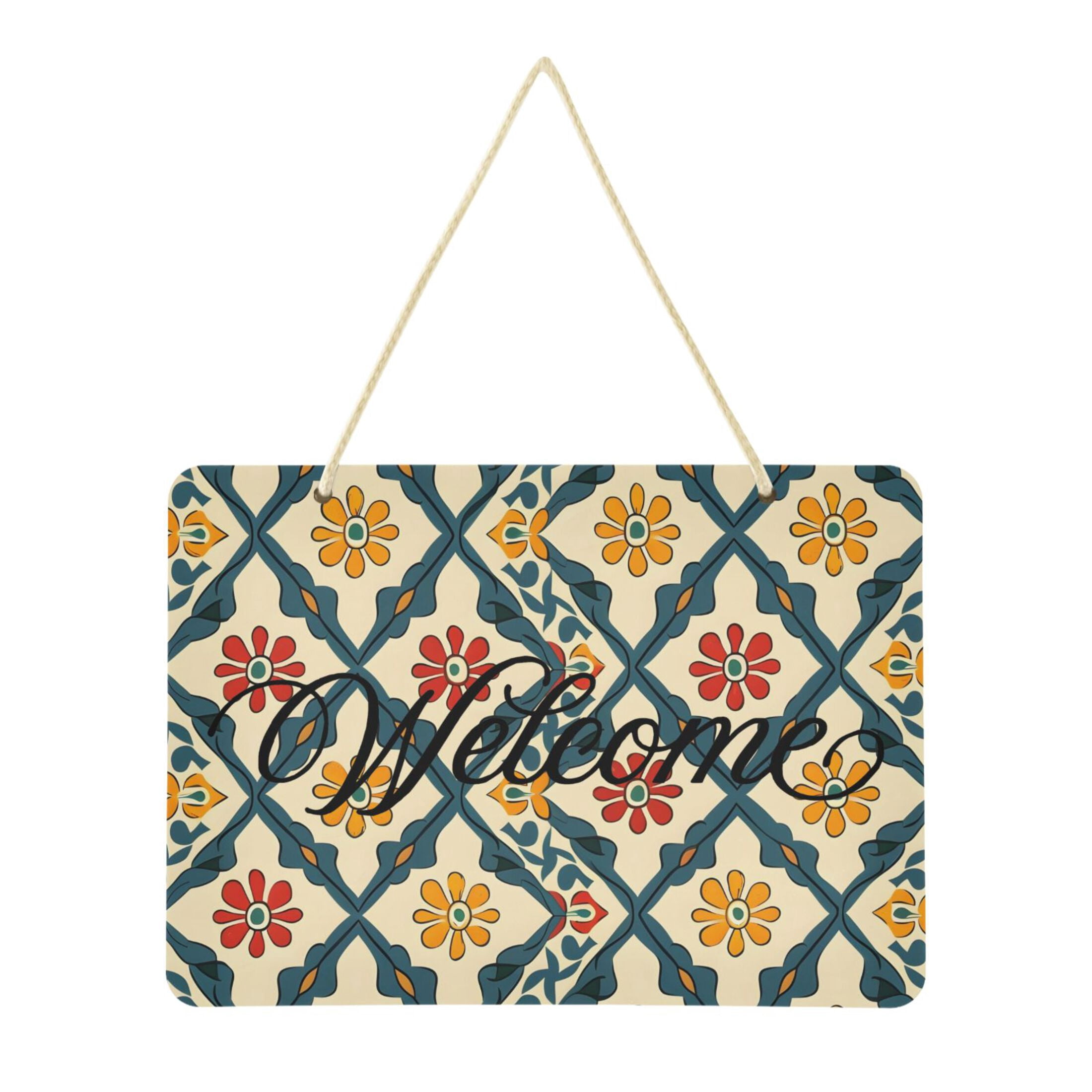 Flowers in Square Welcome Sign Front Door PVC 14x10 inch Hanger Hello ...
