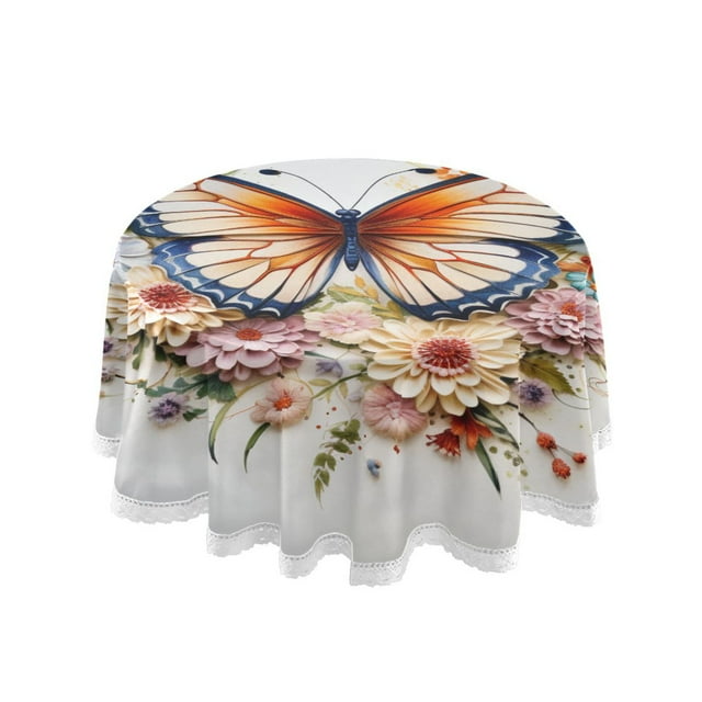 Flowers on A Butterfly Round Tablecloth 60" Reusable Circle Table Cover ...