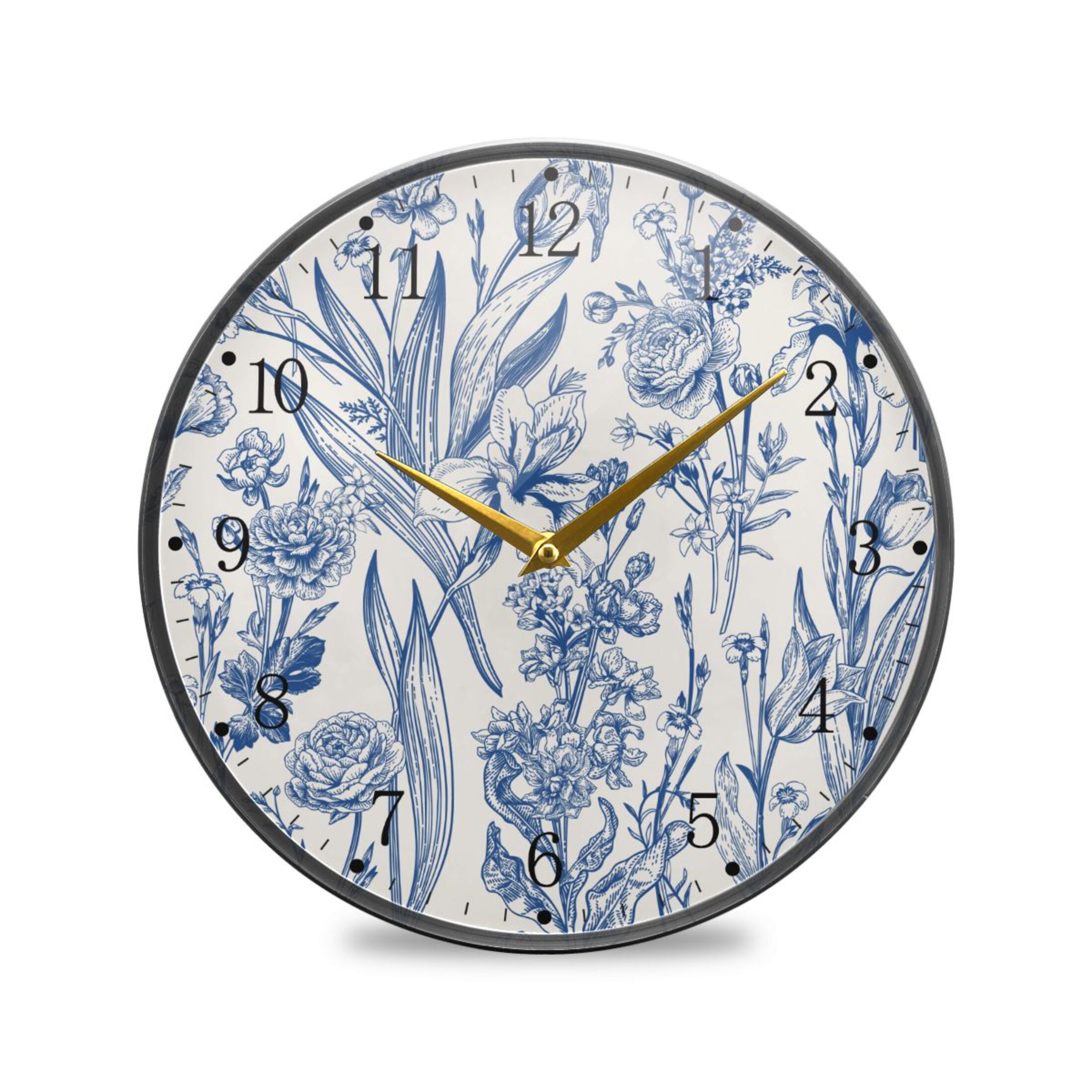 Flowers on Blue Acrylic Wall Clocks Quiet Round Clock Battery Operated ...