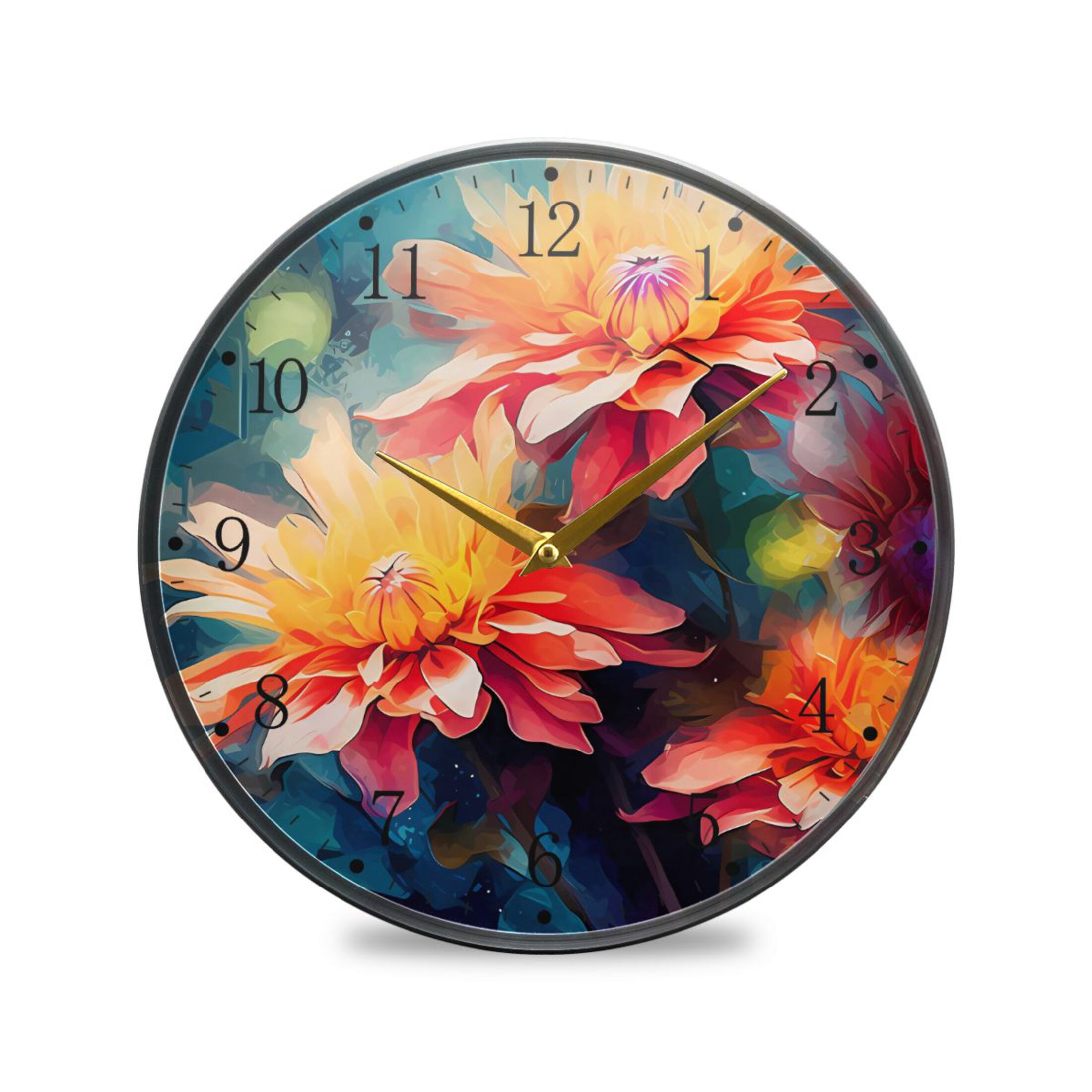 Flowers on Blue Acrylic Wall Clocks Quiet Round Clock Battery Operated ...