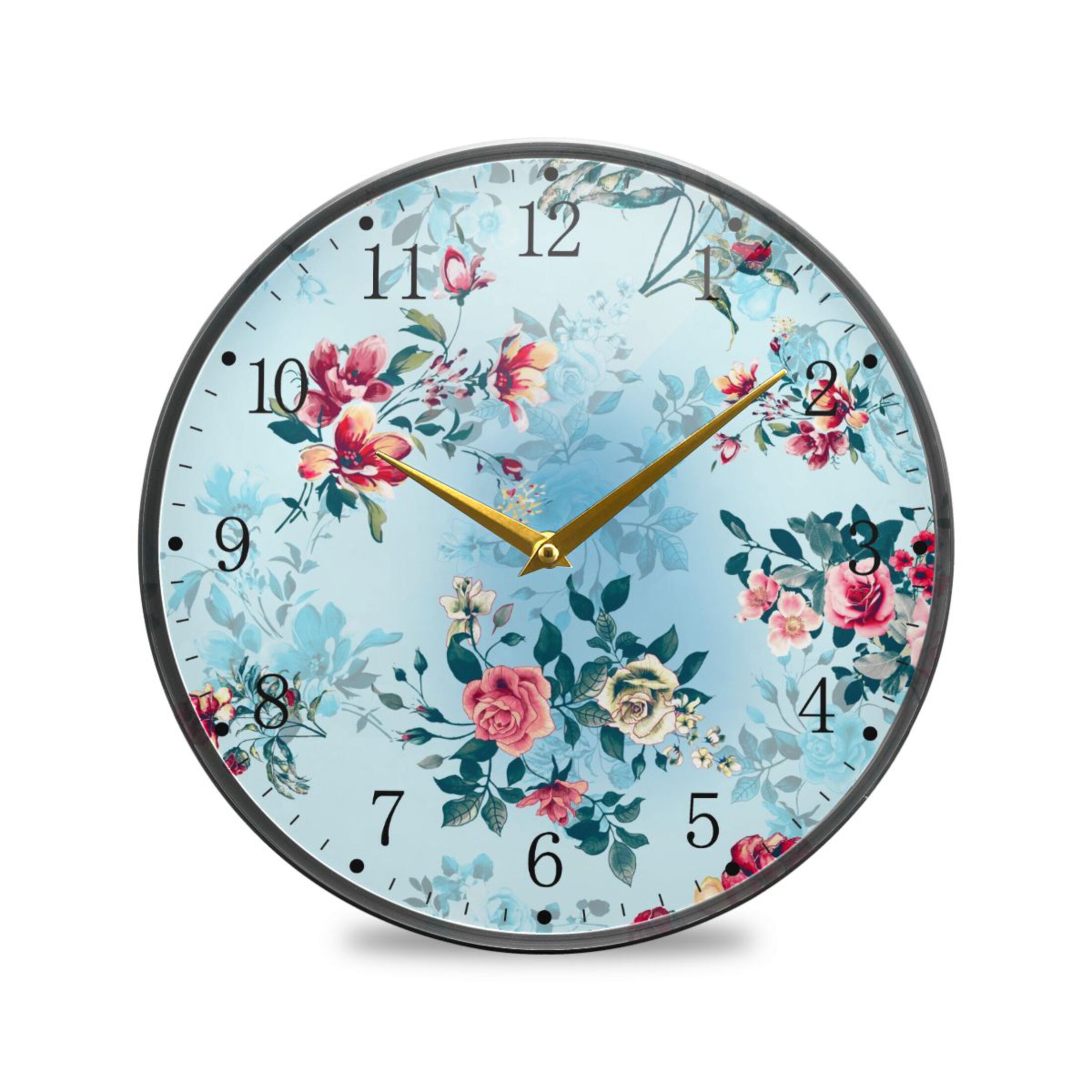 Flowers on Blue Floral Acrylic Wall Clocks Quiet Round Clock Battery ...