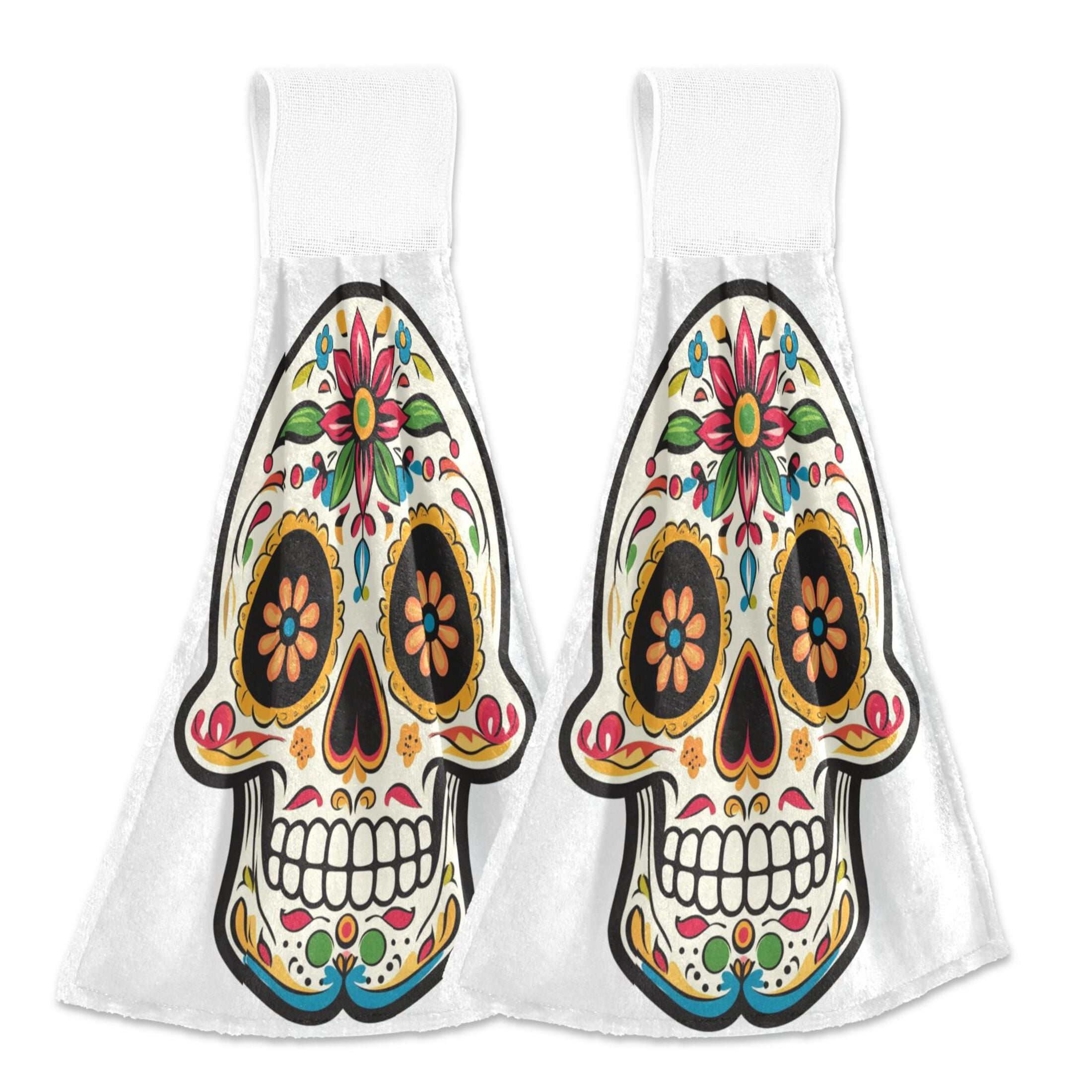 Flowers on Skull Hanging Towels with Loop Hand Towels Nylon Fastener ...
