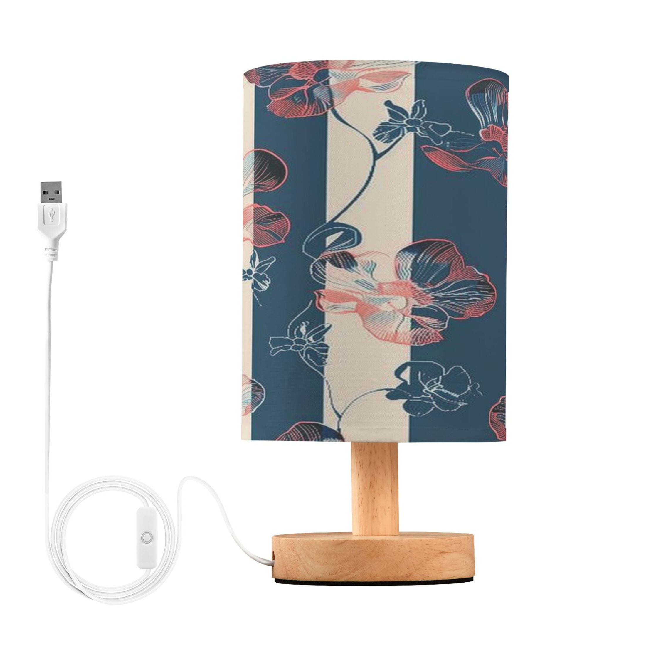 Flowers on Stripe Bedside Table Lamp Desk Warm Lights with USB Charging ...
