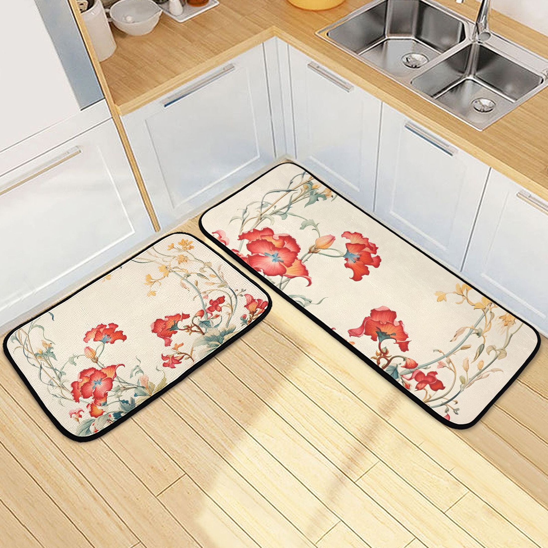 Flowers on Yellow Kitchen Rugs Set of 2 Non Slip Floor Foam Mat ...