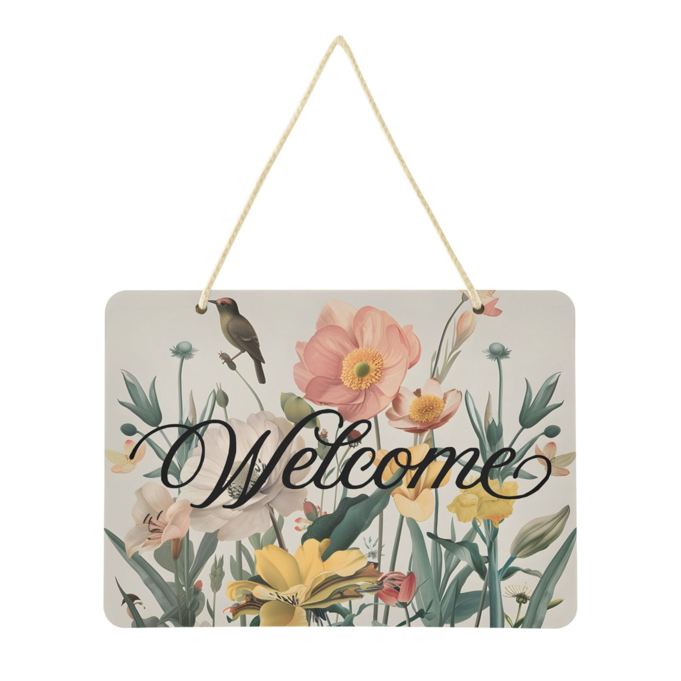 Flowers with Bird Welcome Sign Front Door PVC 14x10 inch Hanger Hello ...