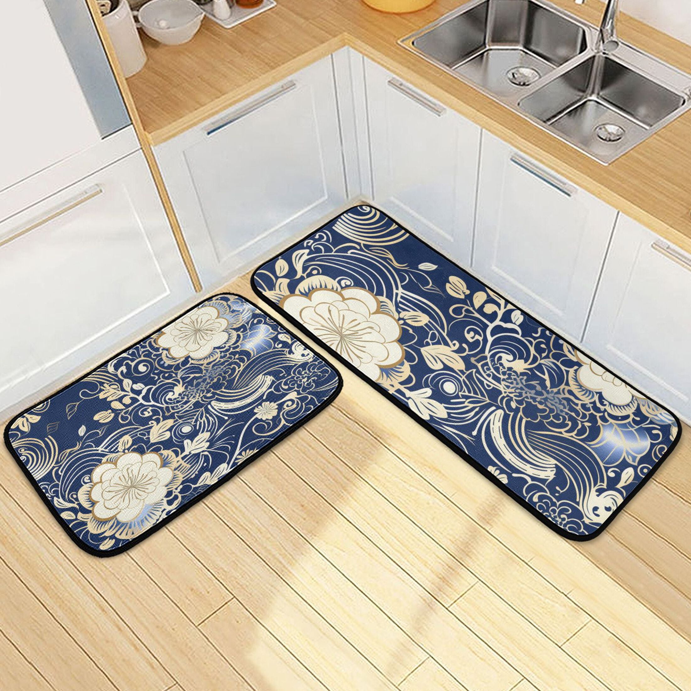 Flowers with Blue Kitchen Rugs Set of 2 Non Slip Floor Foam Mat ...