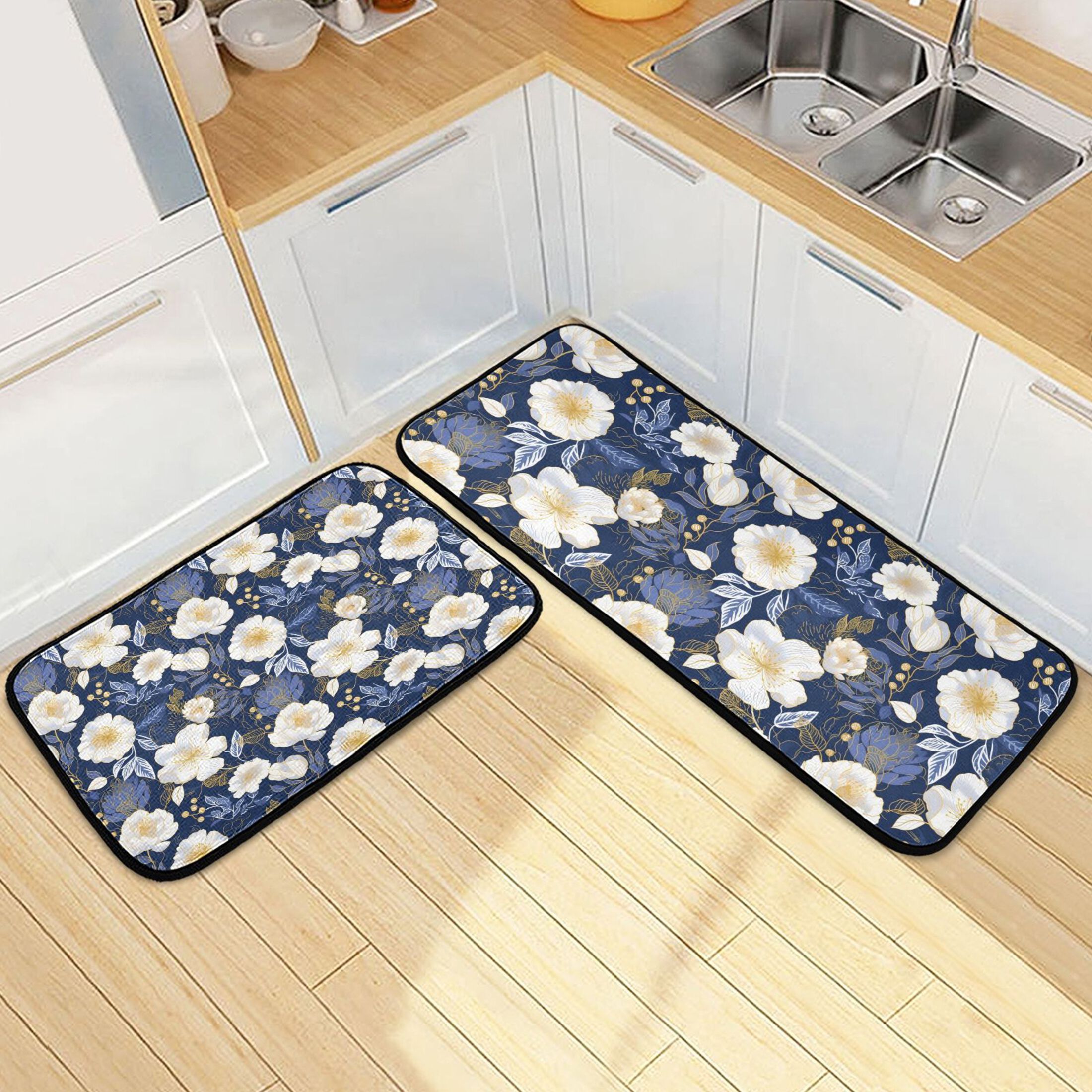 Flowers with Blue Kitchen Rugs Set of 2 Non Slip Floor Foam Mat ...