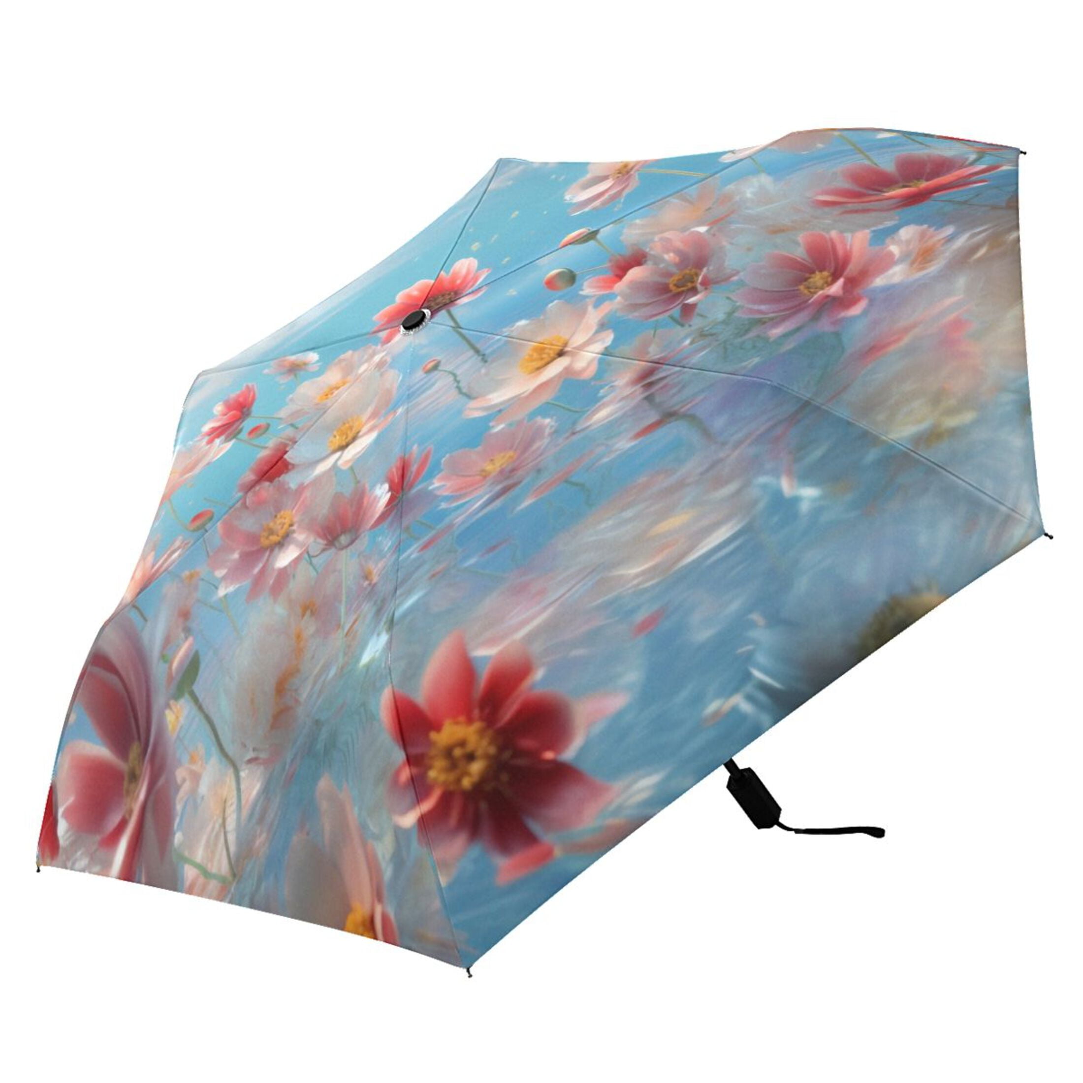 Flowers with Clouds Compact Folding Umbrella for Rain Windproof Travel ...