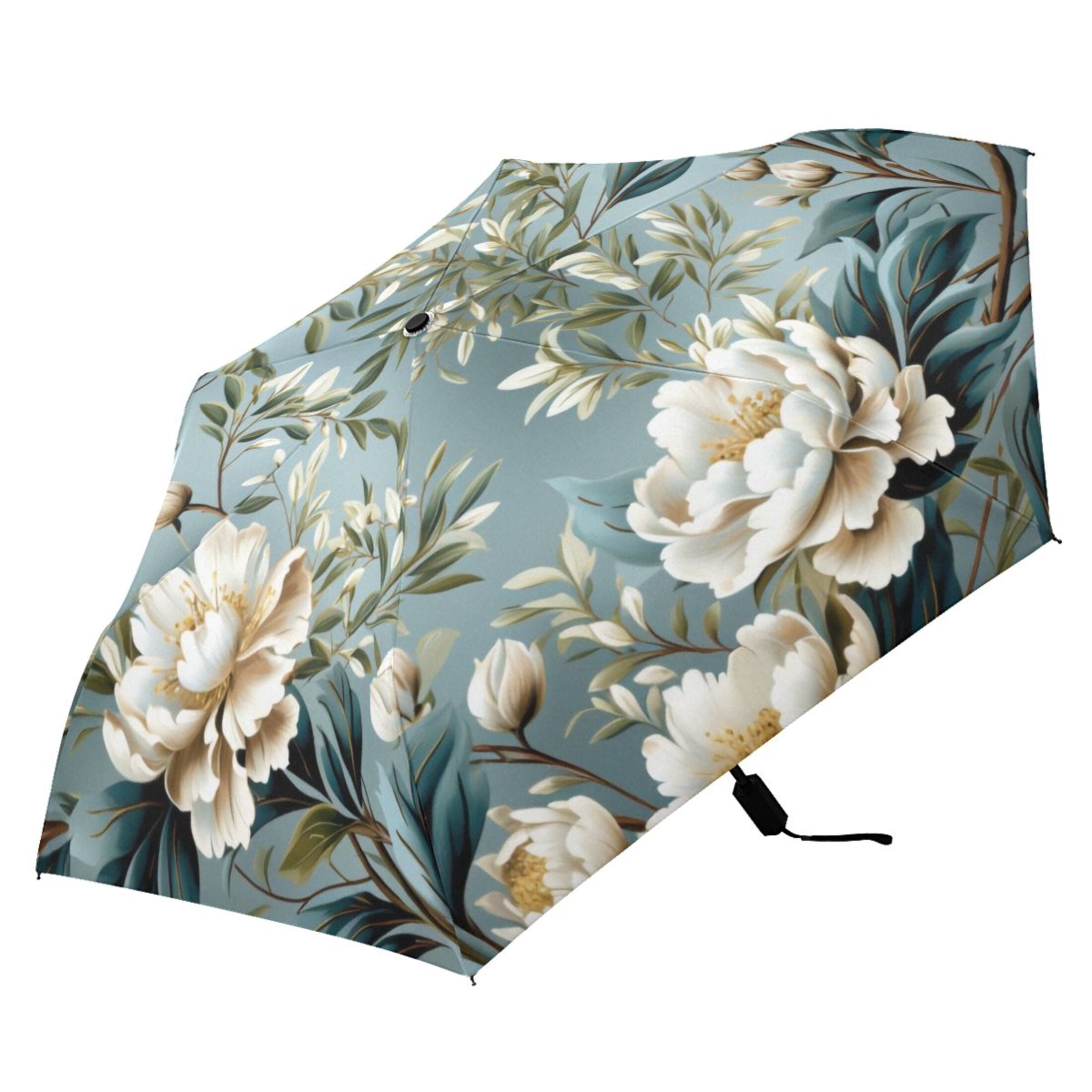 Flowers with Green Leaves Compact Folding Umbrella for Rain Windproof ...