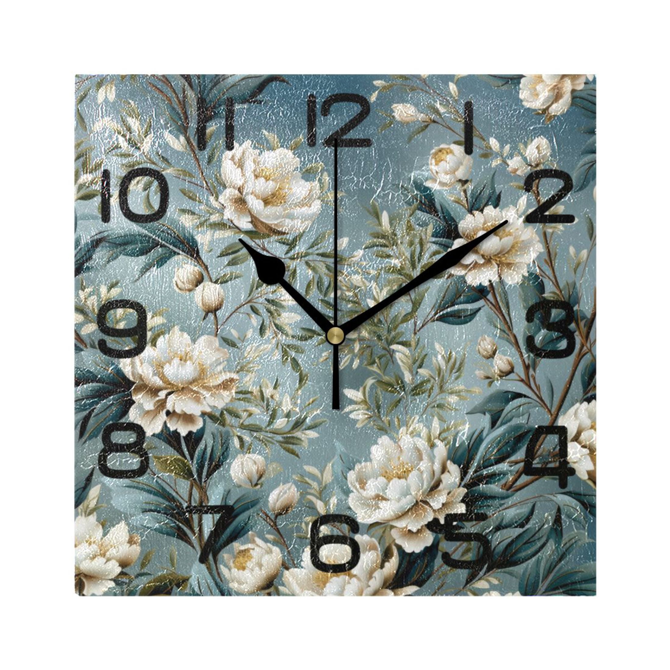 Flowers with Green Leaves Wall Clock Square Silent Non-Ticking Battery ...