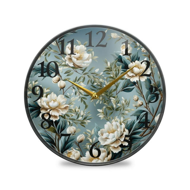 Flowers with Green Leaves Wall Clocks Battery Operated 9.5 Inch Round ...