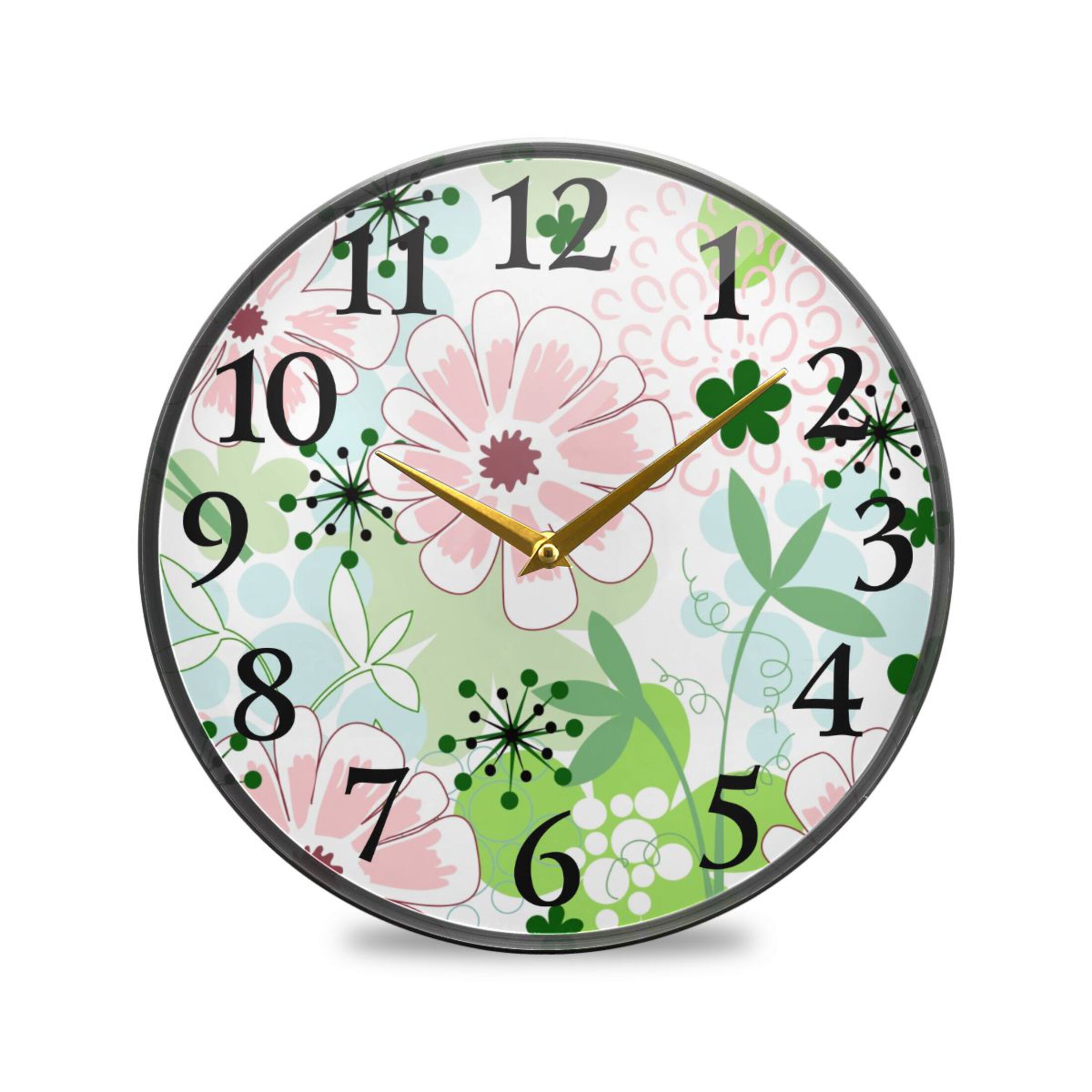 Flowers with Green Wall Clocks Battery Operated 9.5 Inch Round Clock ...