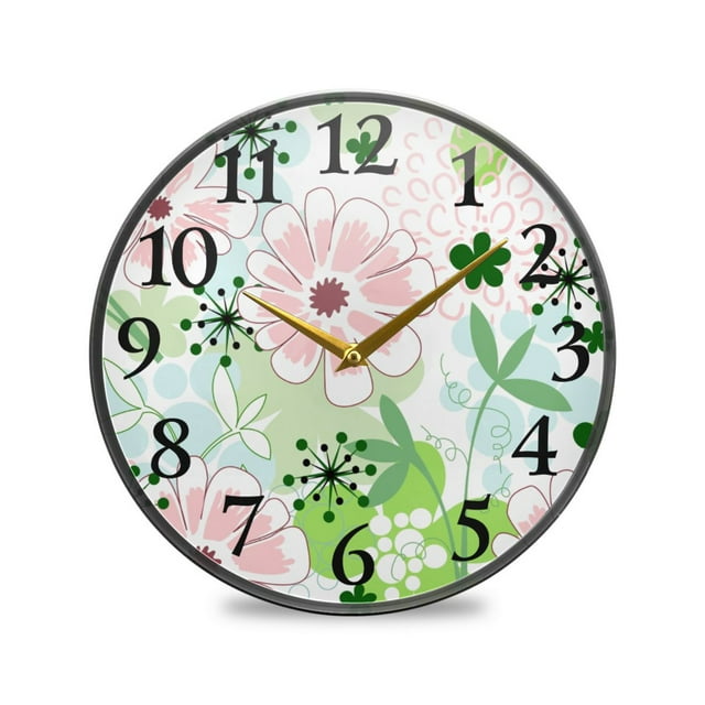 Flowers with Green Wall Clocks Battery Operated 9.5 Inch Round Clock ...