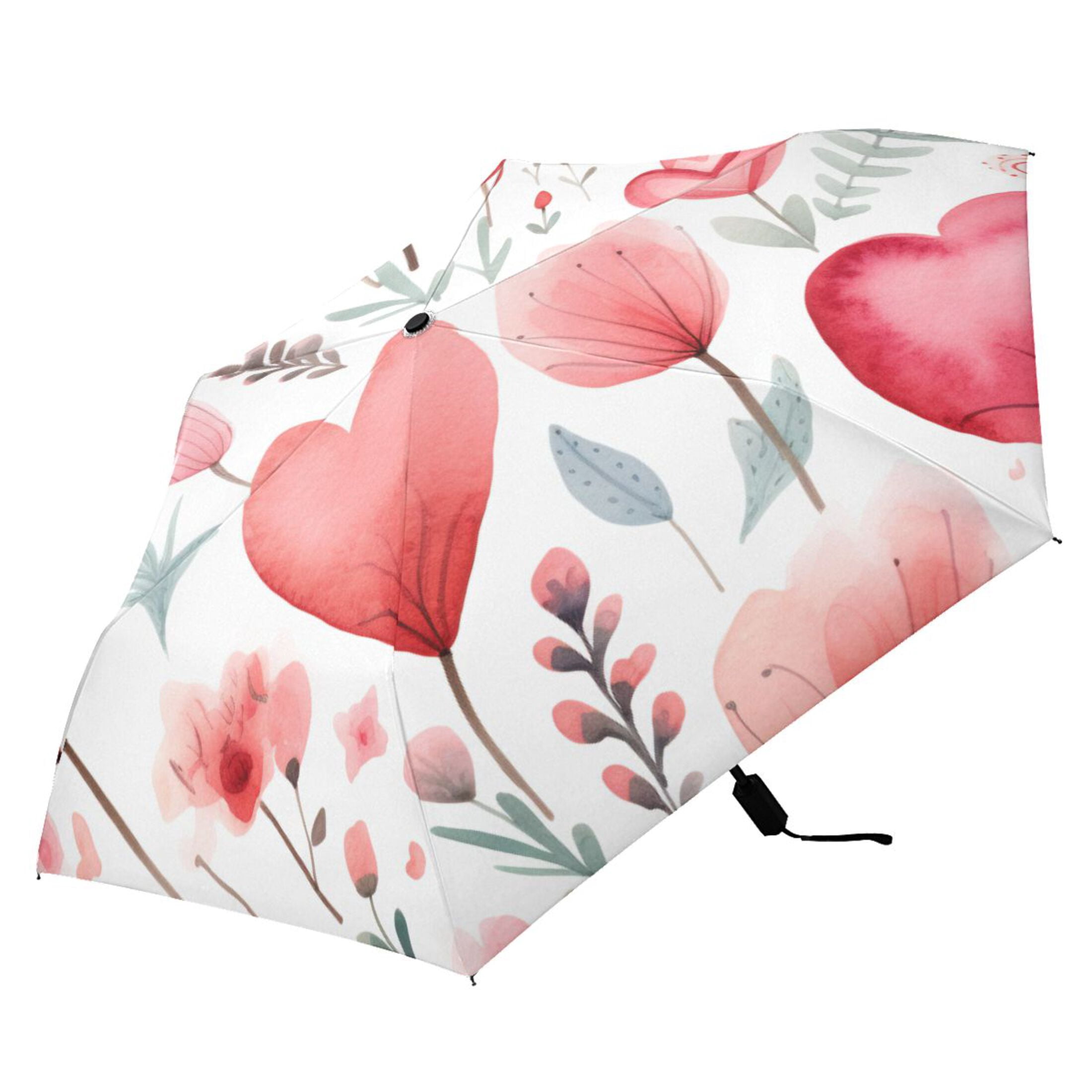 Flowers with Heart Compact Folding Umbrella for Rain Windproof Travel ...
