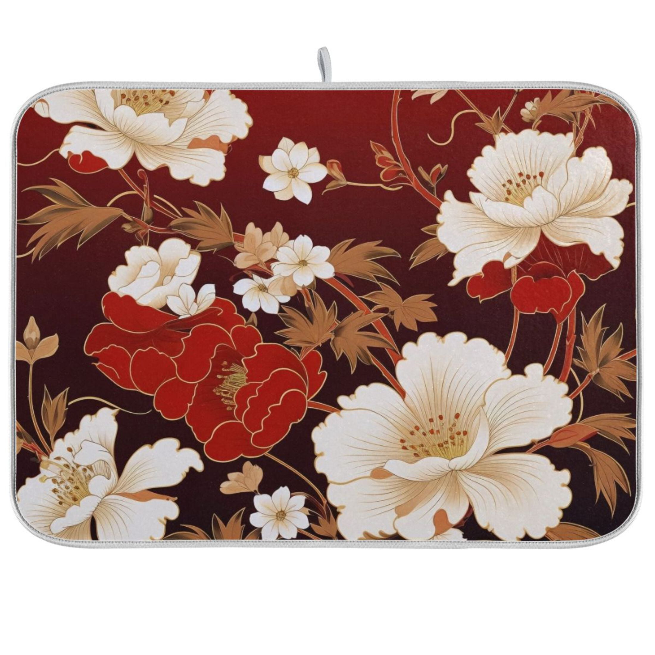 Flowers with Red Dish Drying Mat Microfiber Kitchen Pad Large Counter ...