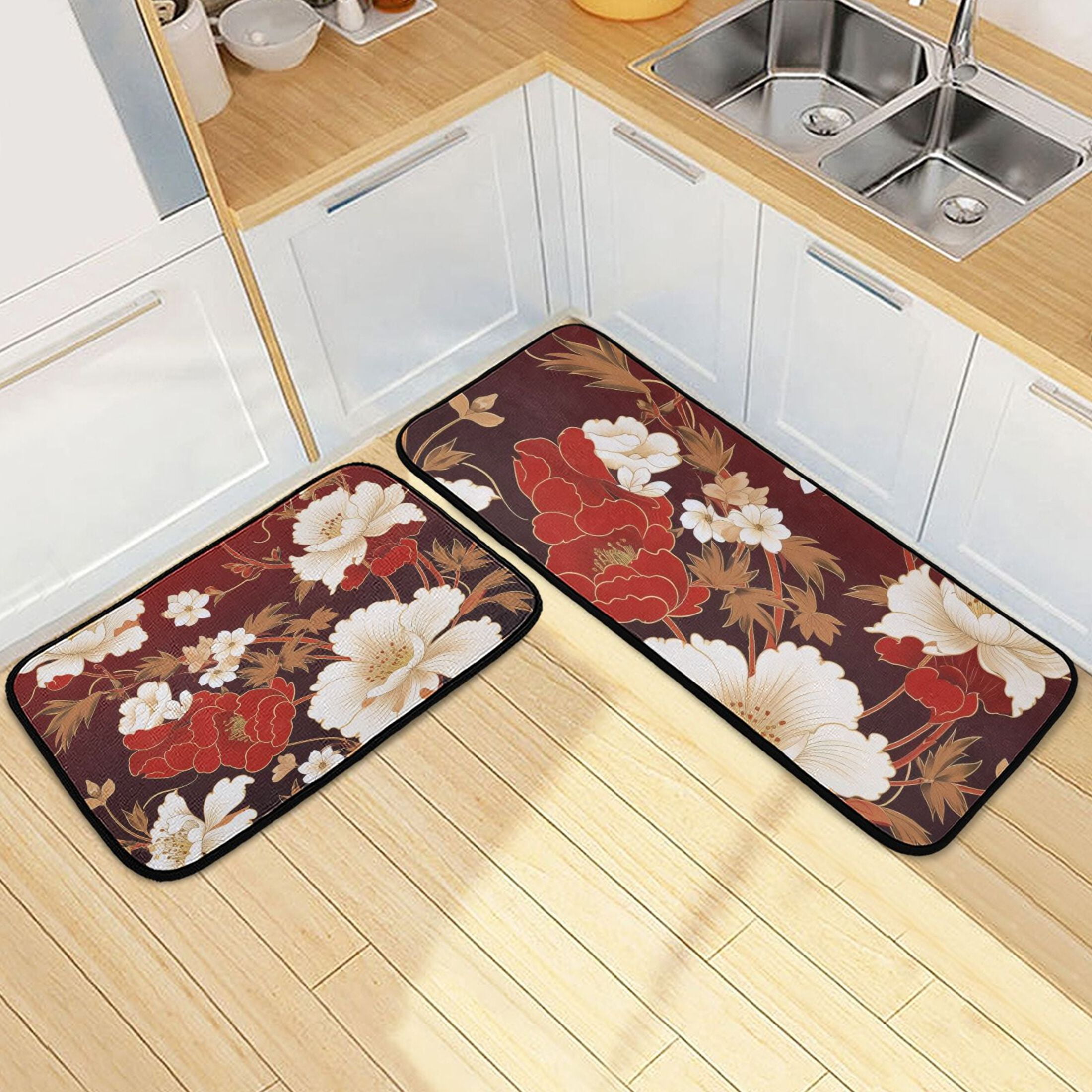 Flowers with Red Kitchen Rugs Set of 2 Non Slip Floor Foam Mat ...