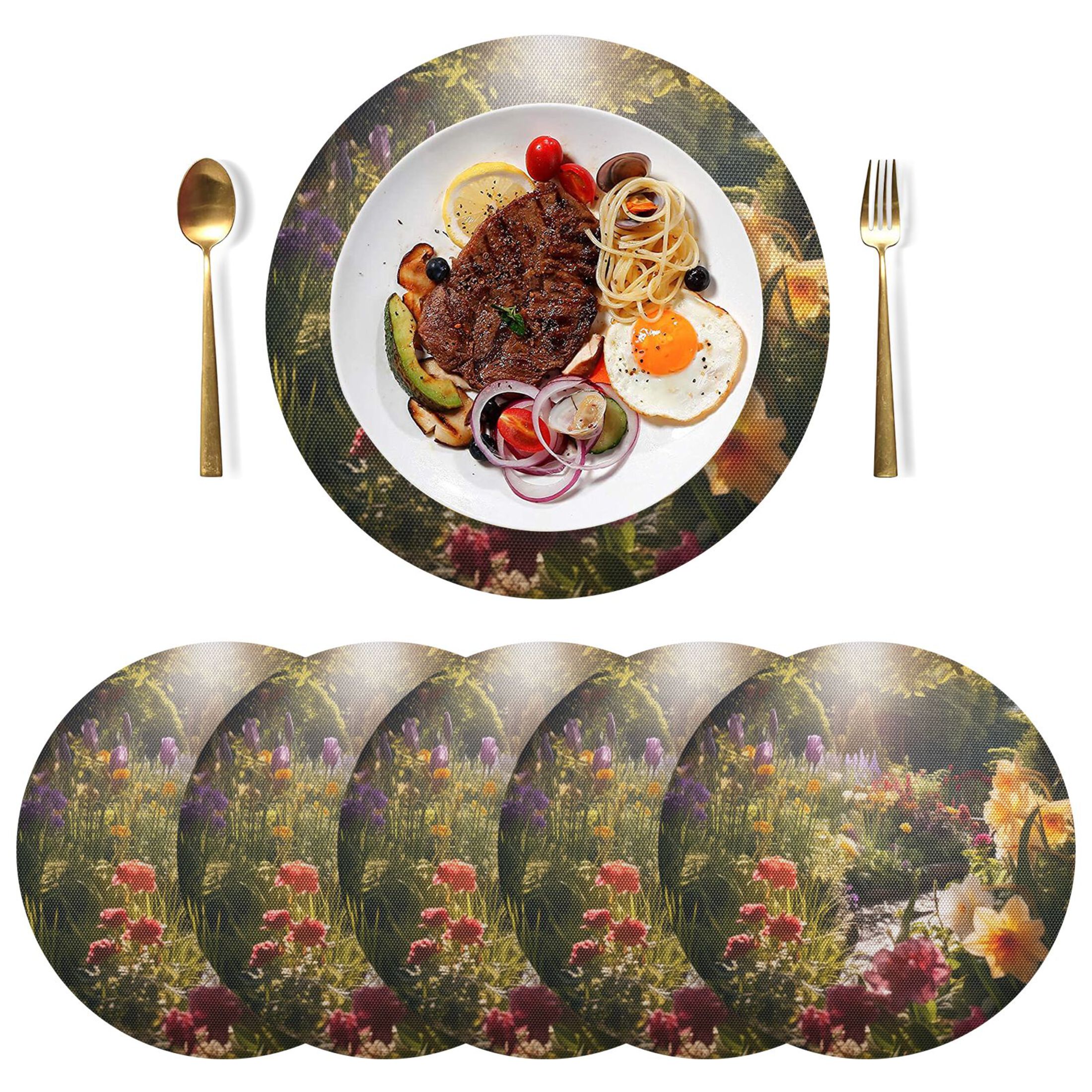 Flowers with Sun Round Plate Mats Non-Slip Place Mat Washable PVC Table ...