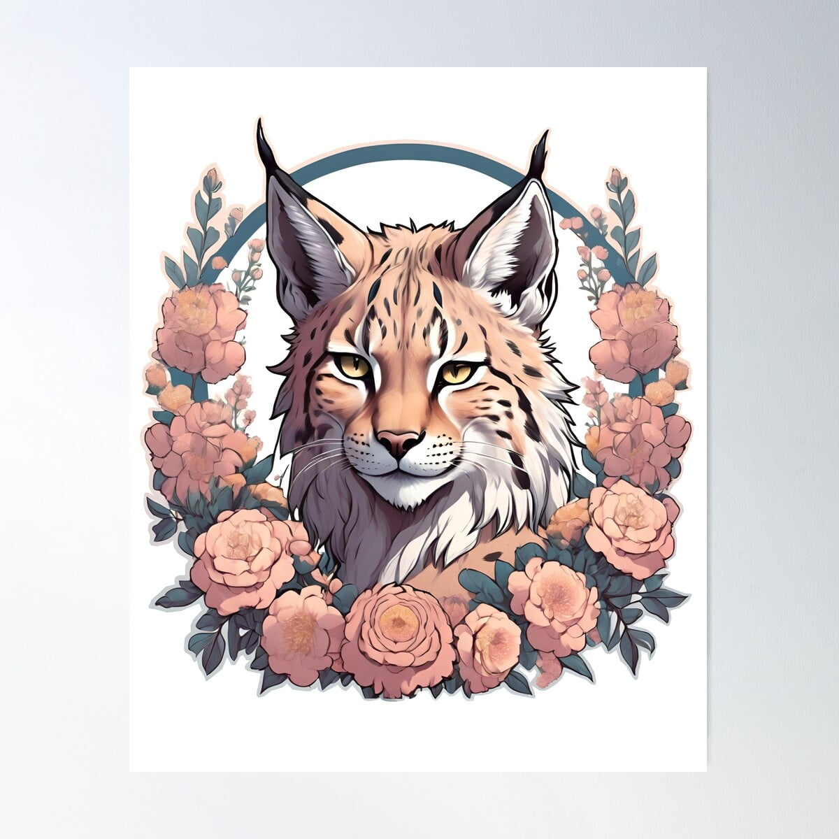 Flowery Eurasian Lynx In The Leaves Poster Wall Art, Modern Wall Decor ...