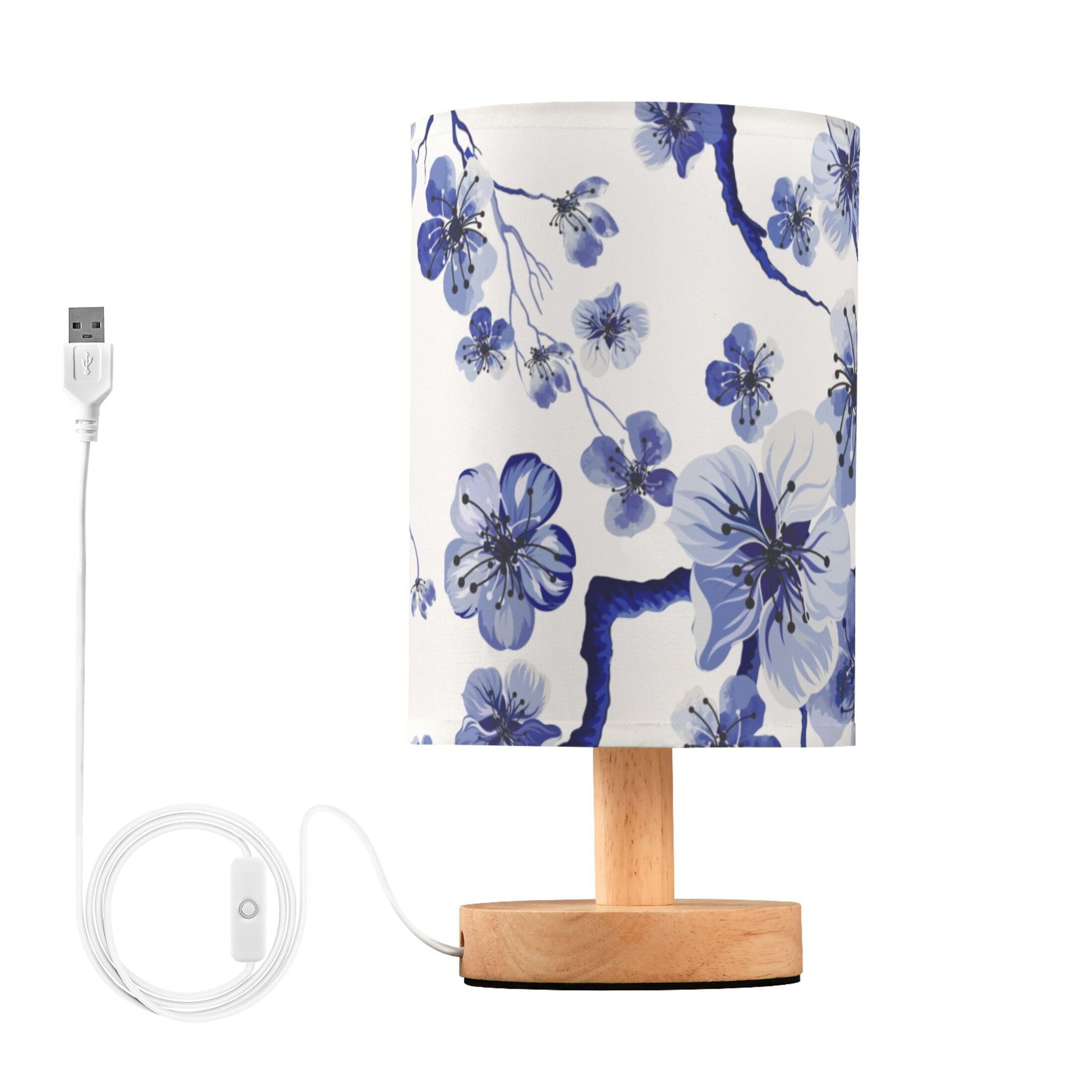 Flowes Floral Blue Bedside Table Lamp LED Warm Lights with USB Charging ...